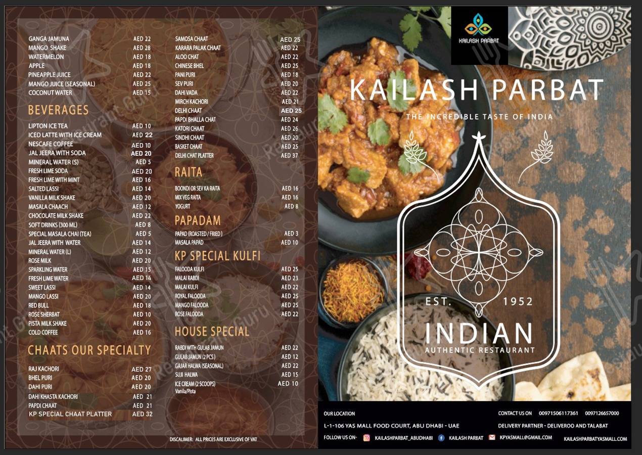 Menu at Kailash Parbat Restaurant LLC YAS MALL FOOD COURT L1-106 YAS ...