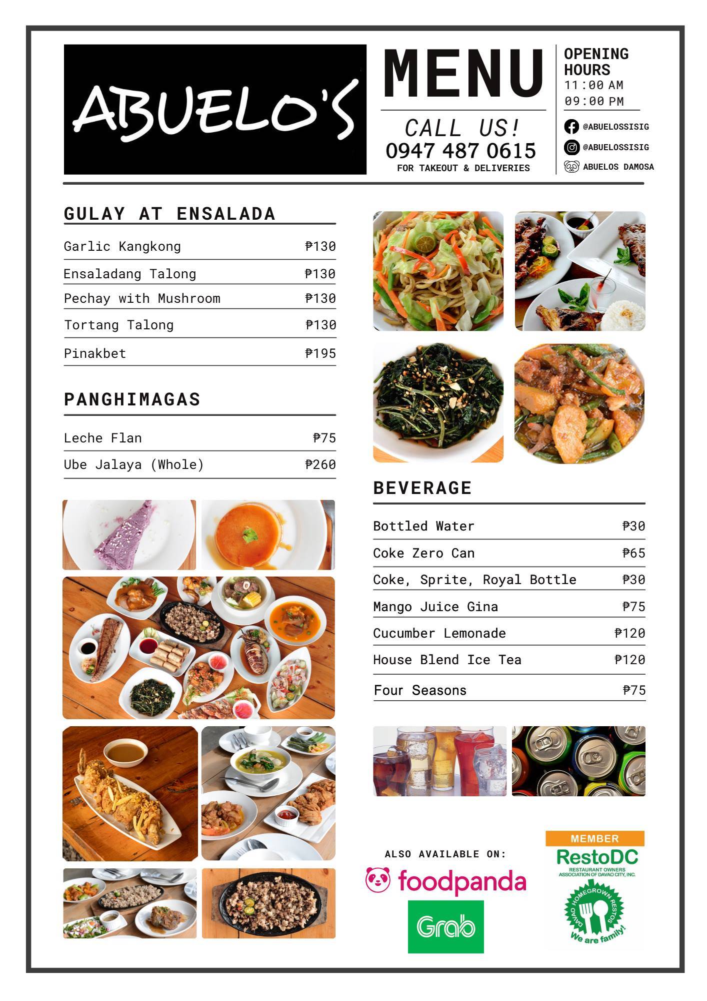 Menu at Abuelo's restaurant, Davao City, Davao City