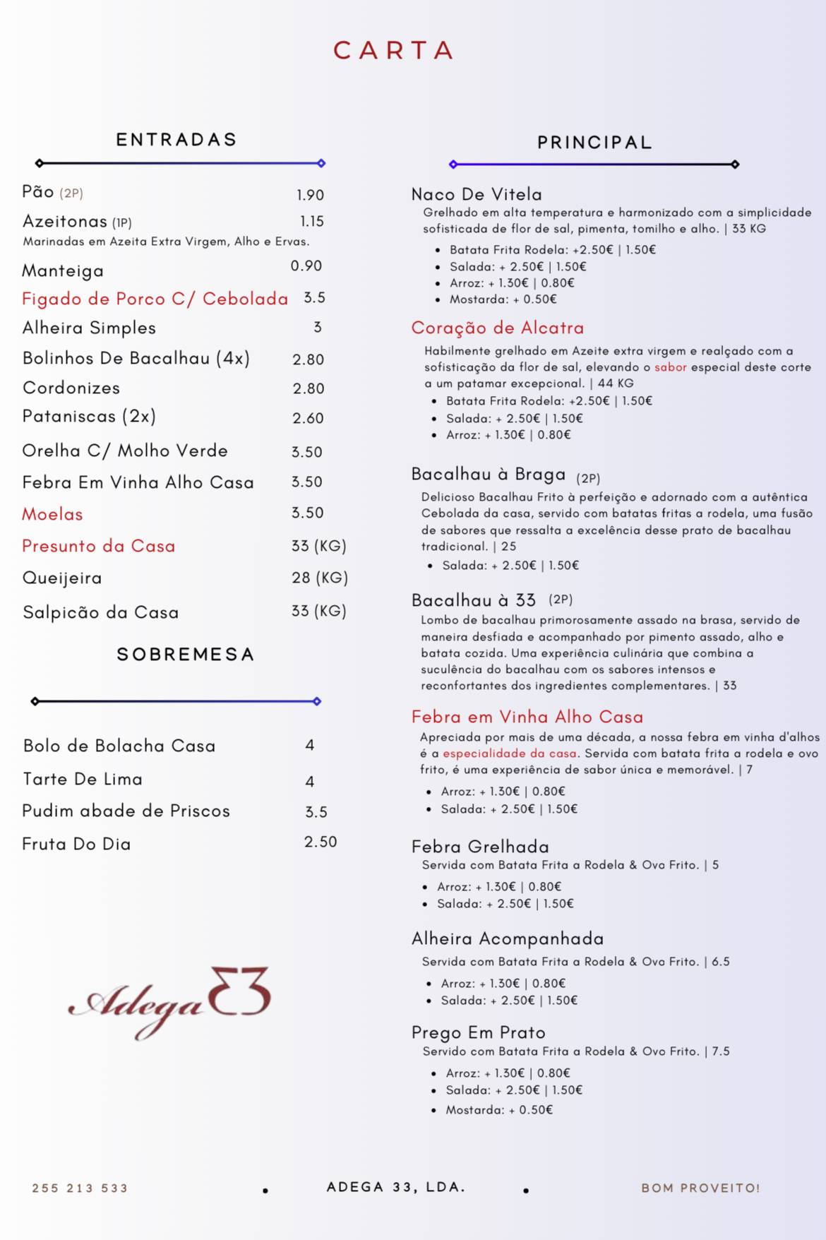 Menu at Adega 33 restaurant, Penafiel