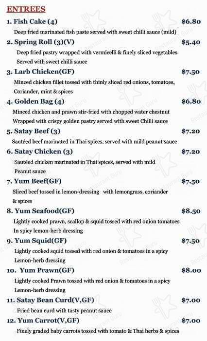 Menu at Manee Siam Thai Restaurant, Goodwood