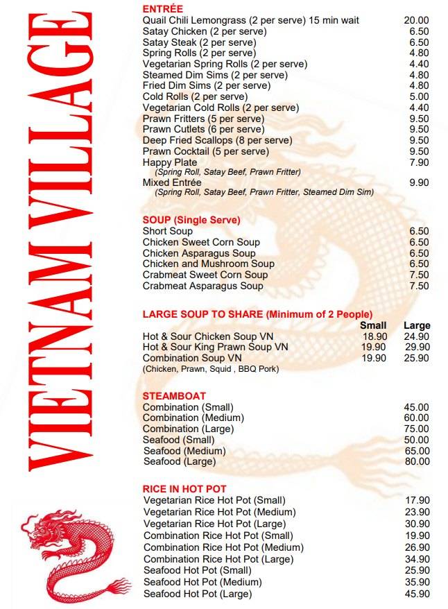 Menu at Vietnam Village Restaurant, Thebarton
