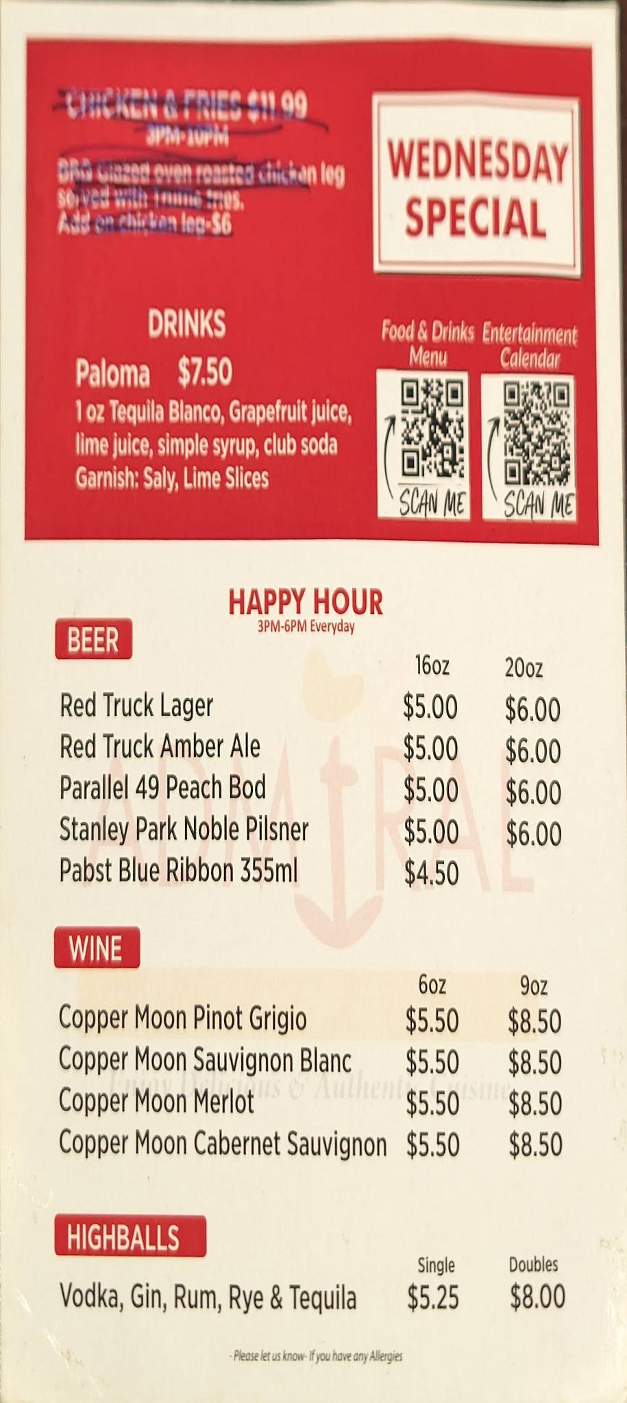 Menu at Admiral Pub, Burnaby