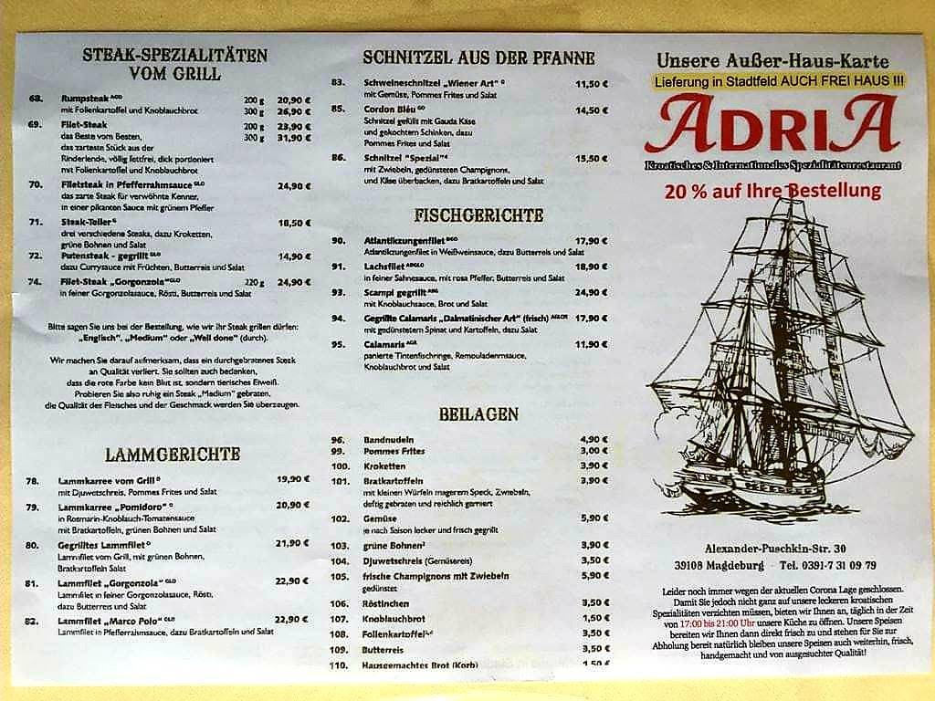 Speisekarte von Adria - Magdeburg restaurant, Magdeburg