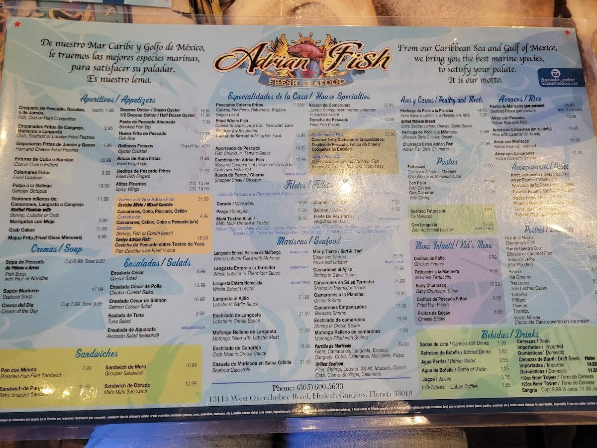 Menu at Adrian Fish Market & Restaurant, Hialeah Gardens