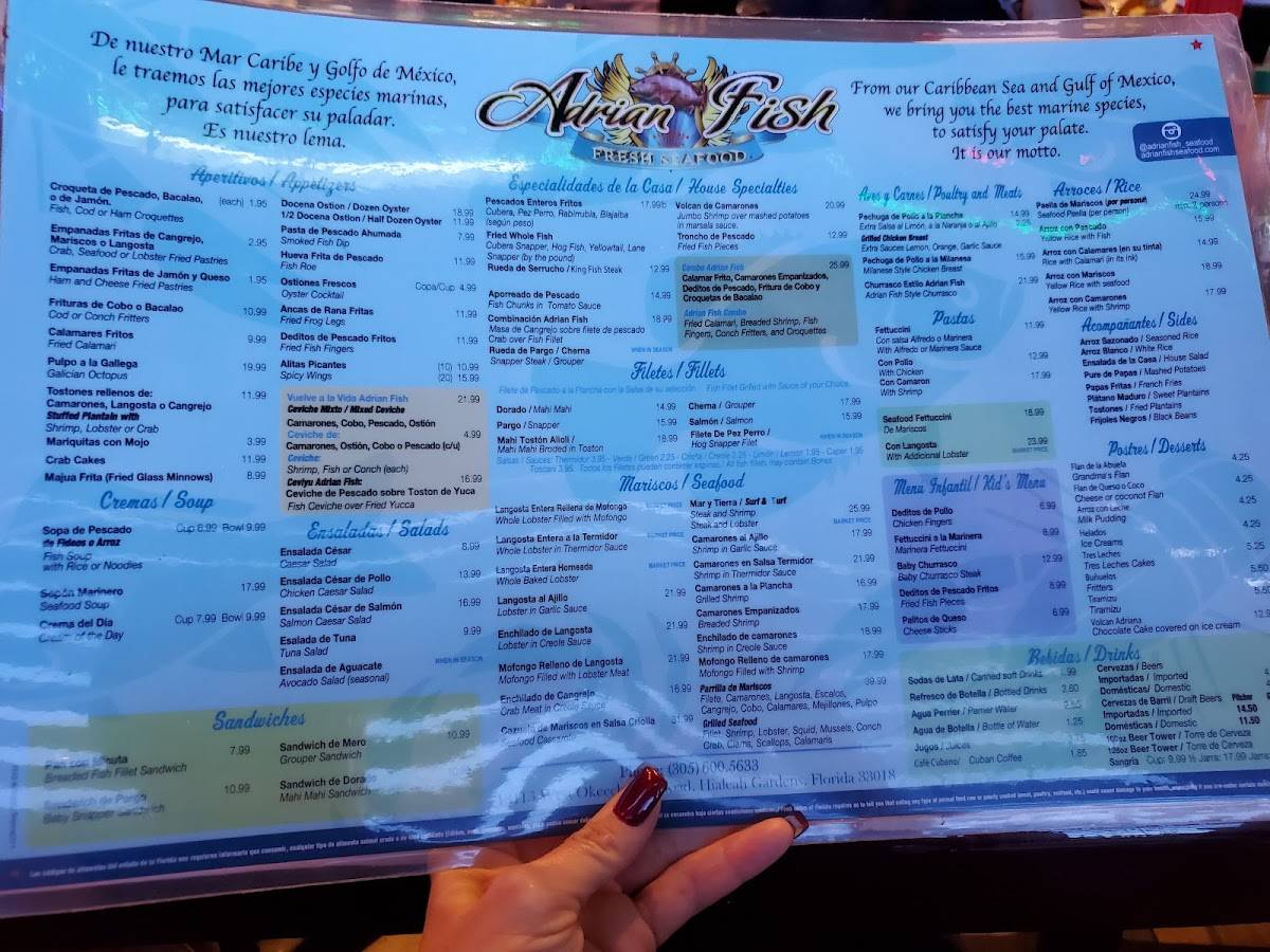 Menu at Adrian Fish Market & Restaurant, Hialeah Gardens
