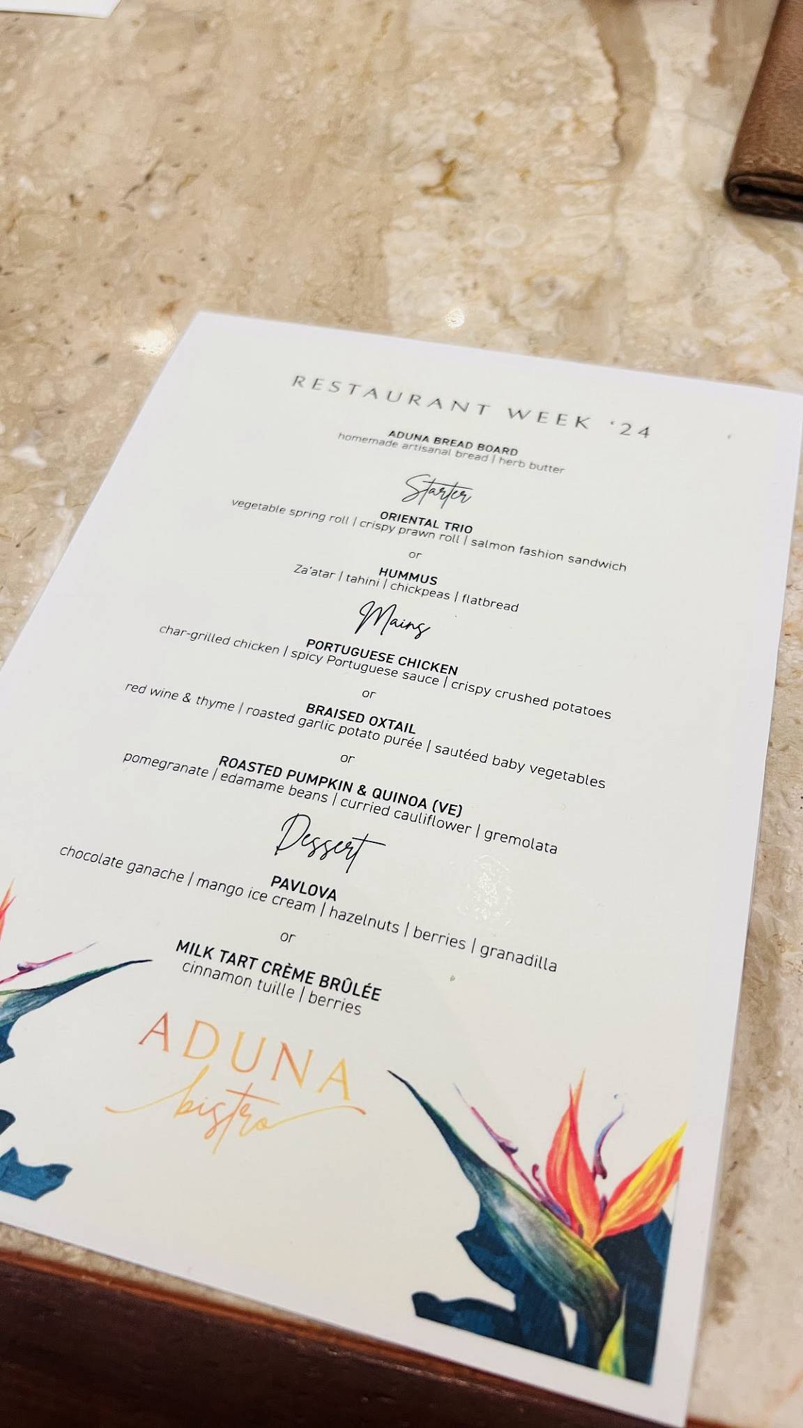Menu at Aduna Bistro restaurant, Johannesburg