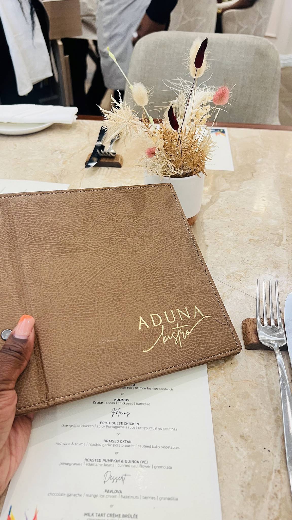 Menu at Aduna Bistro restaurant, Johannesburg