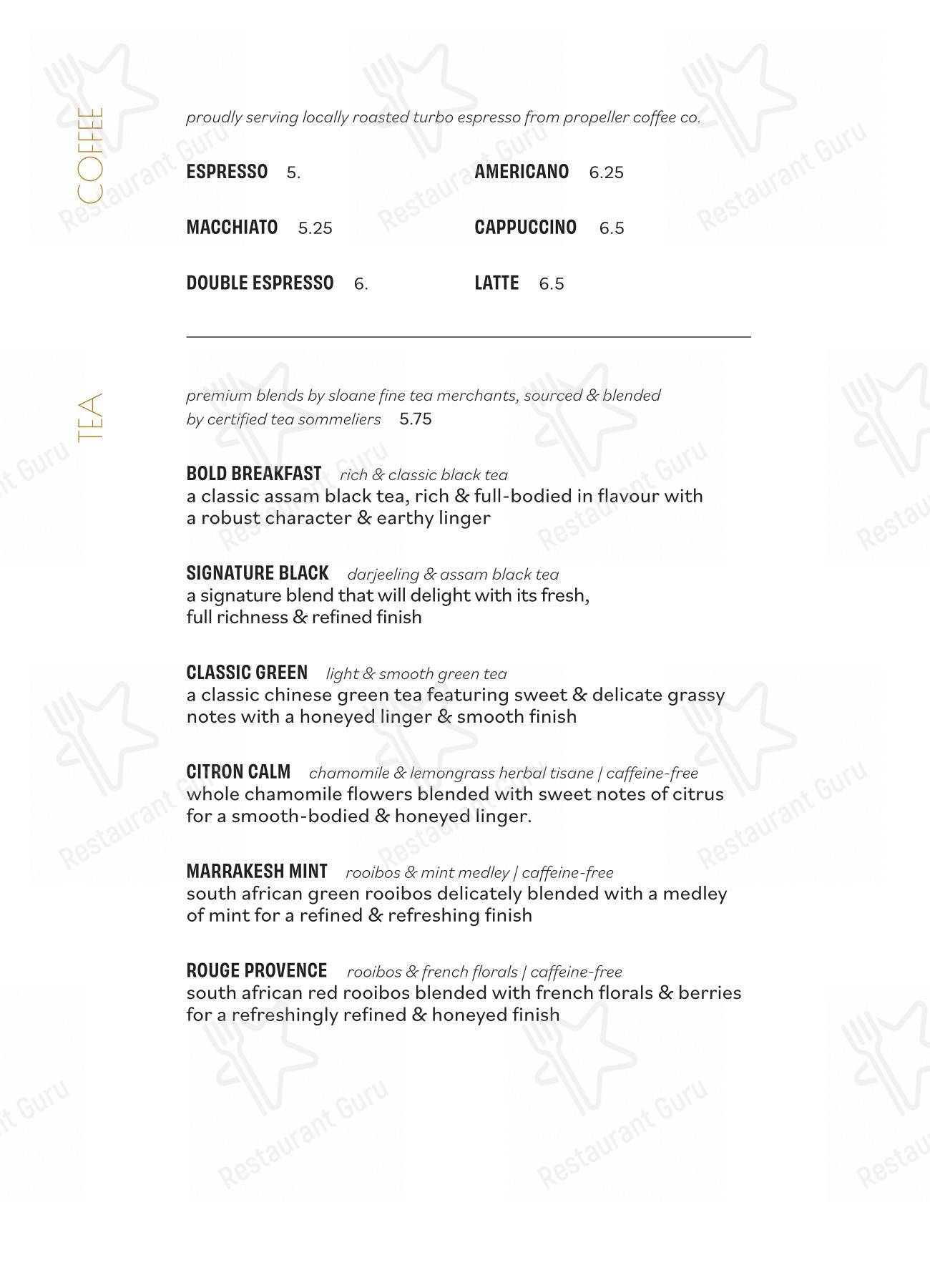 Menu at Aera restaurant, Toronto