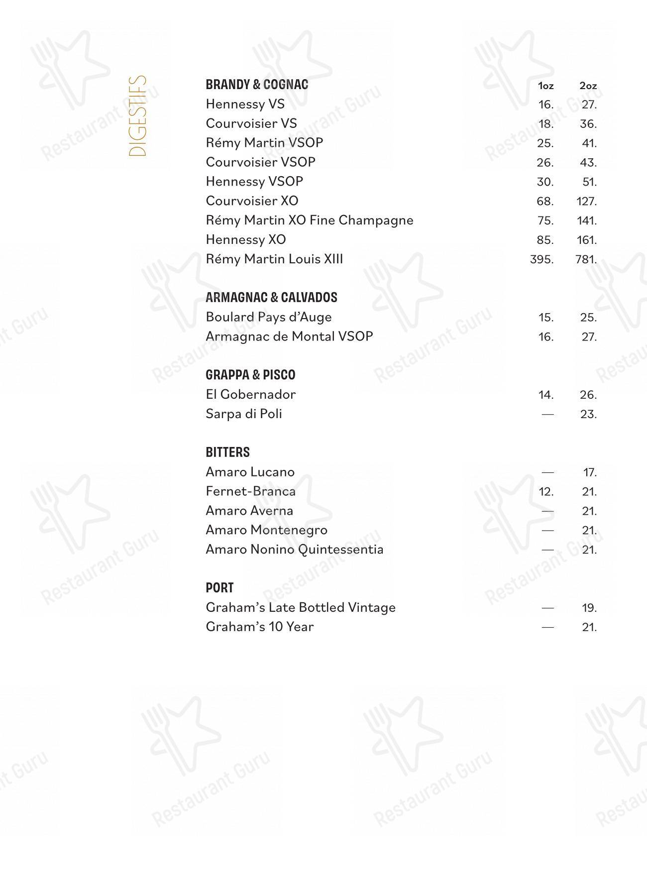 Menu at Aera restaurant, Toronto
