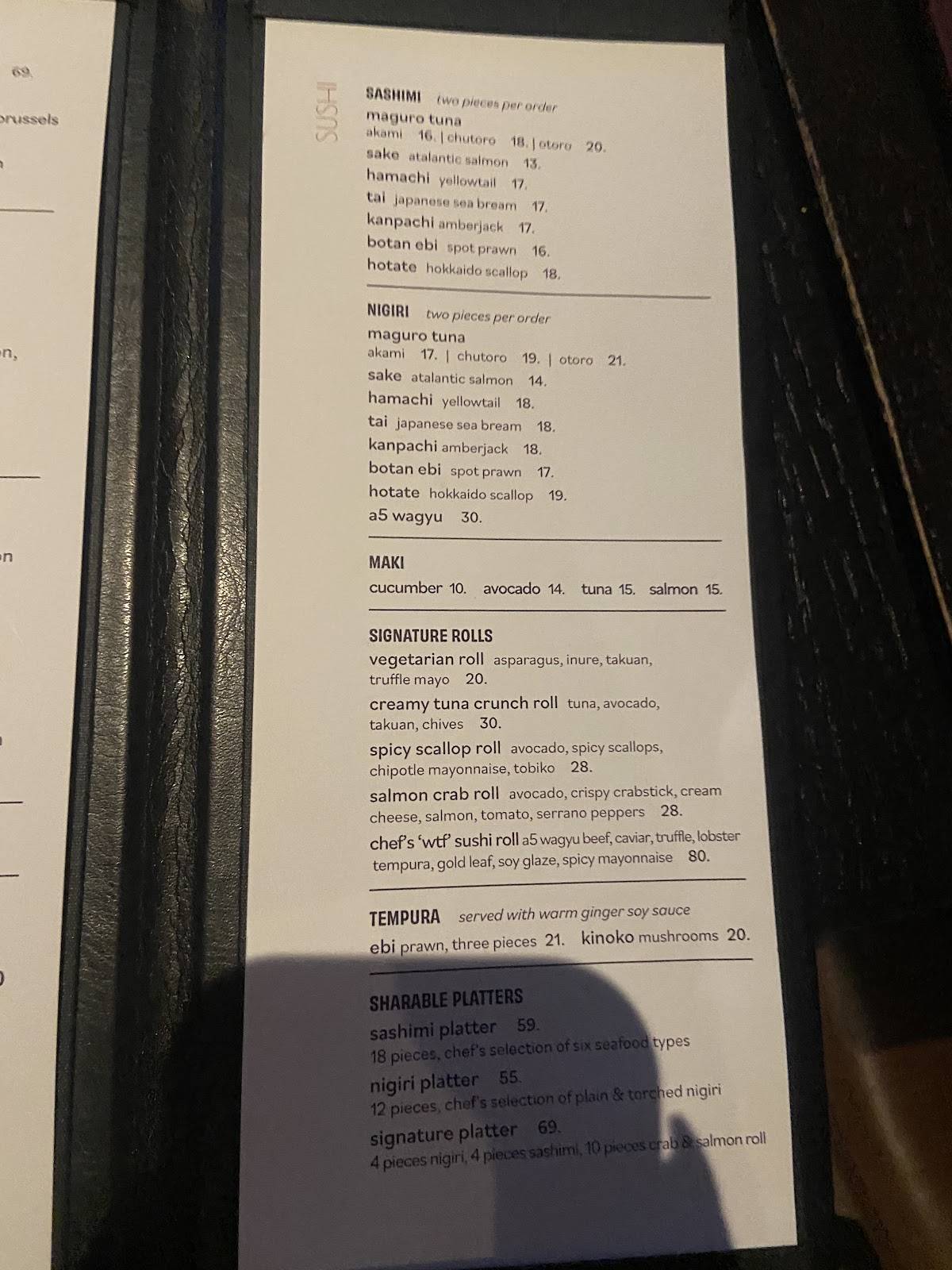 Menu at Aera restaurant, Toronto