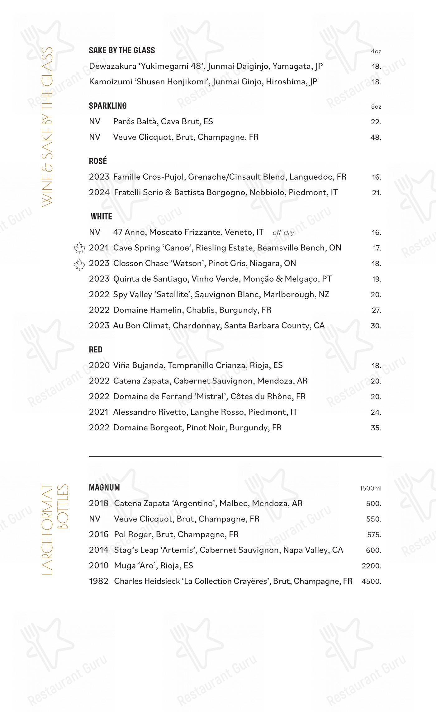 Menu at Aera restaurant, Toronto