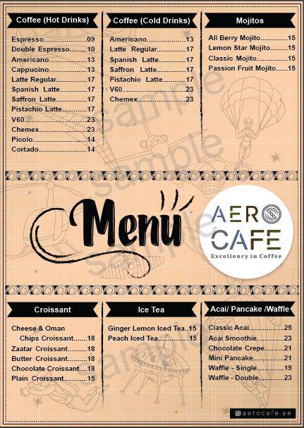 Menu at Aero Cafe Coffee Shop, UAE
