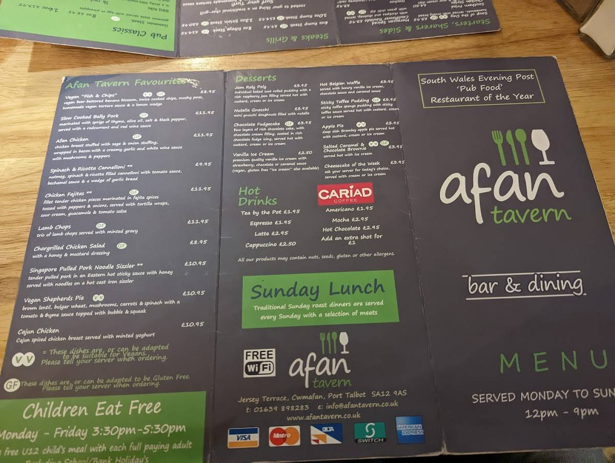 Menu at Afan Tavern pub & bar, Port Talbot