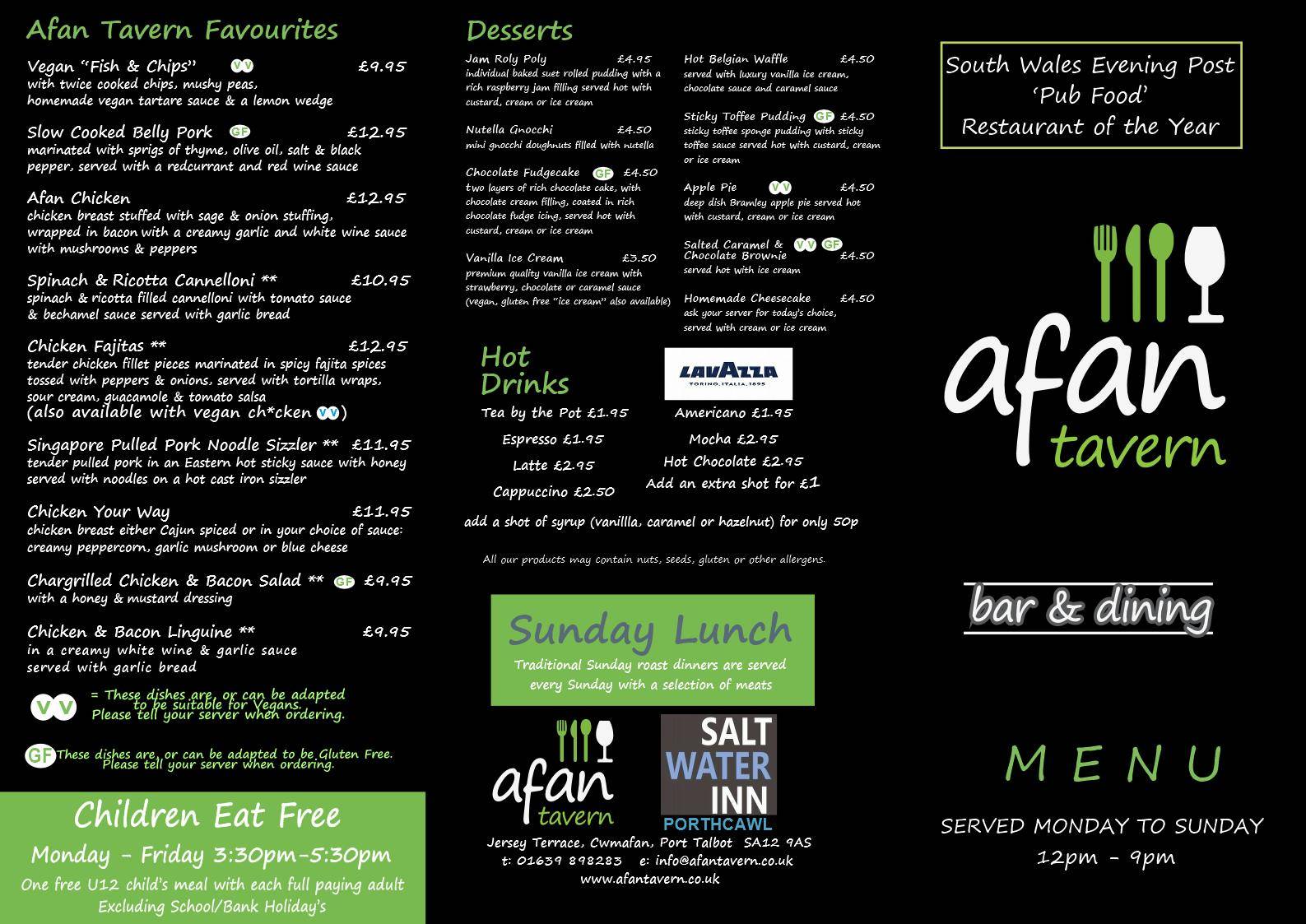 Menu at Afan Tavern pub & bar, Port Talbot