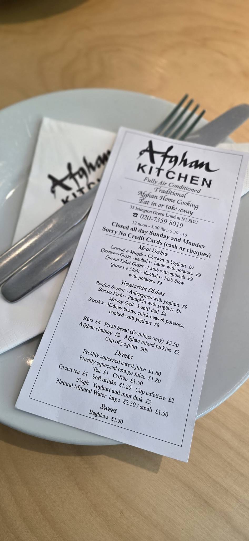 Menu at Afghan Kitchen restaurant, London, 35 Islington Grn