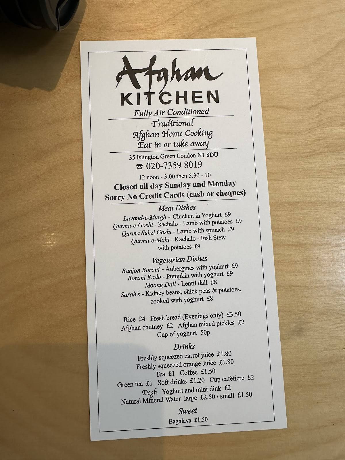 Menu at Afghan Kitchen restaurant, London, 35 Islington Grn