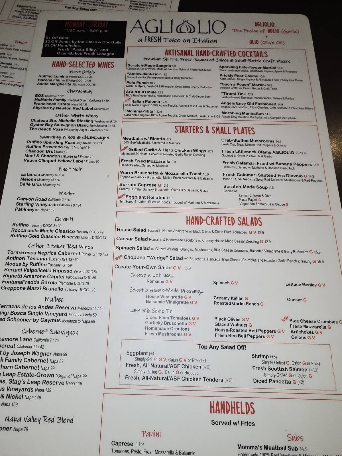 Menu at Agliolio ~ a FRESH Take on Italian pub & bar, Wellington