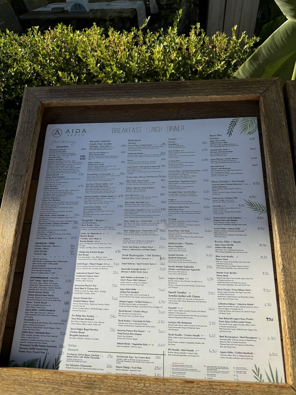 Menu at Aida Beach Marmaris, Marmaris
