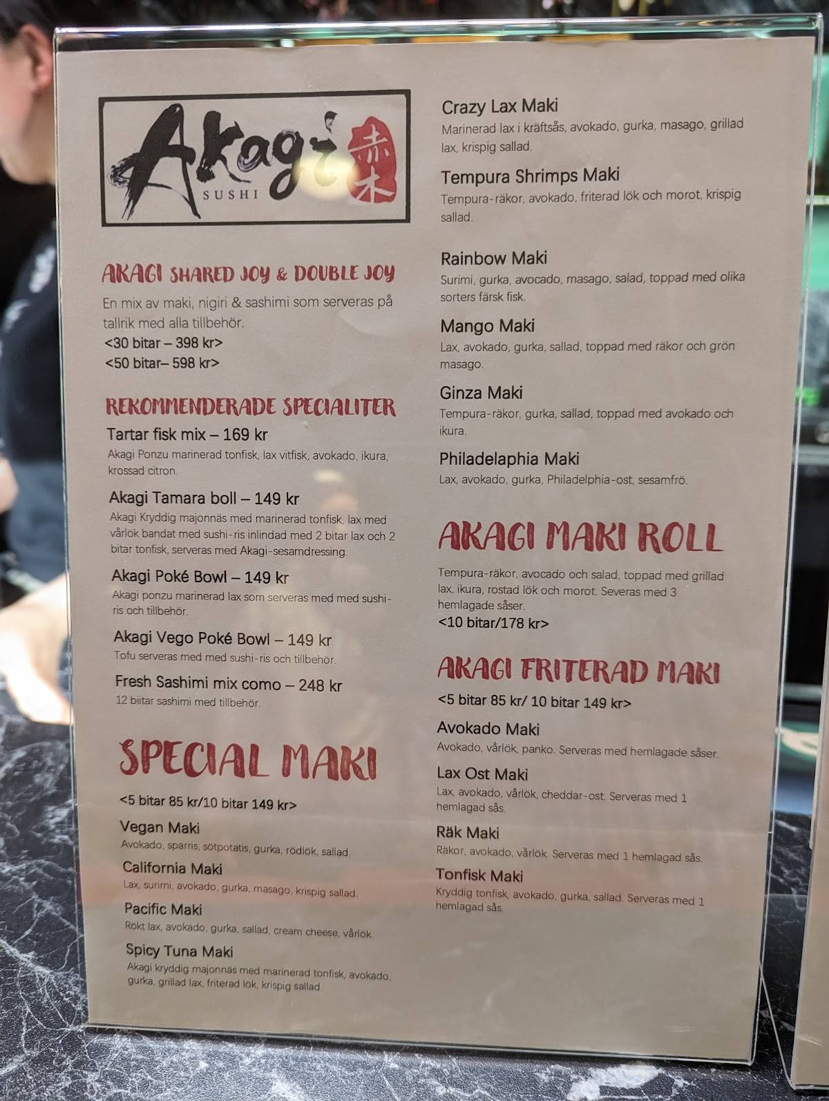 Menu at Akagi Sushi restaurant, Stockholm