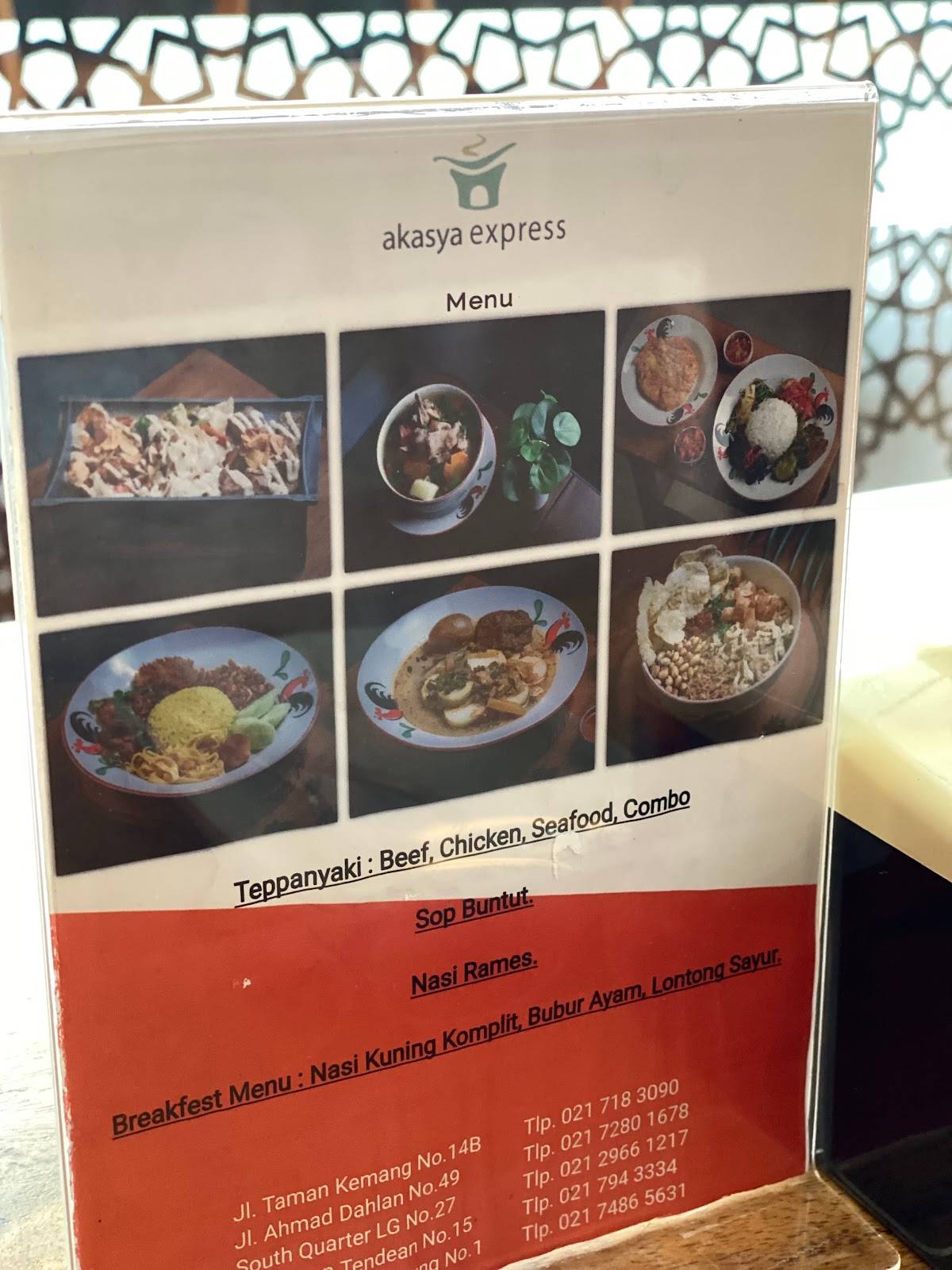 Carta del restaurante Akasya Express, South Jakarta, Jl. Taman Kemang No.14