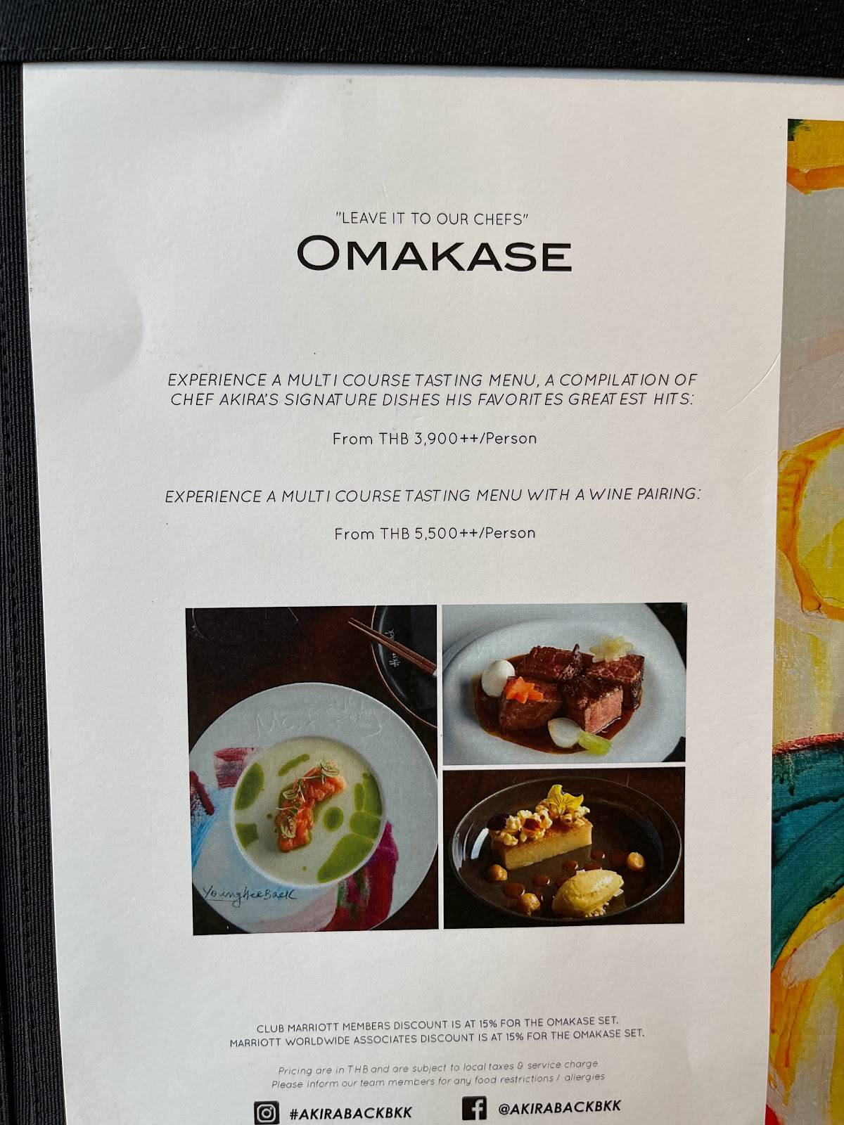 Menu at Akira Back restaurant, Bangkok