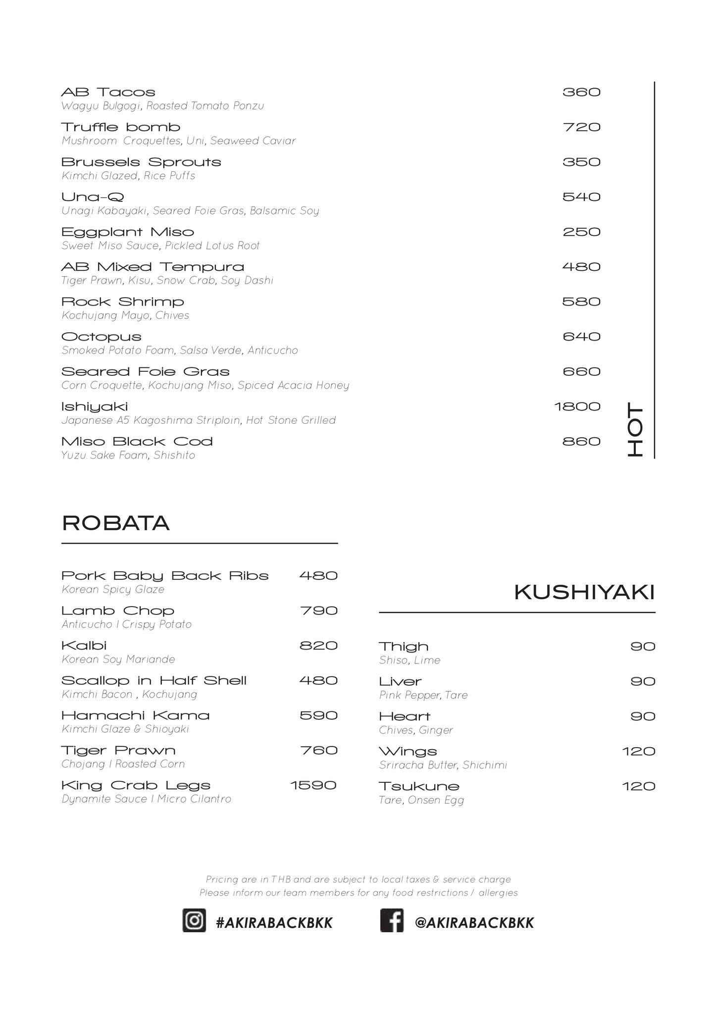 Menu at Akira Back restaurant, Bangkok