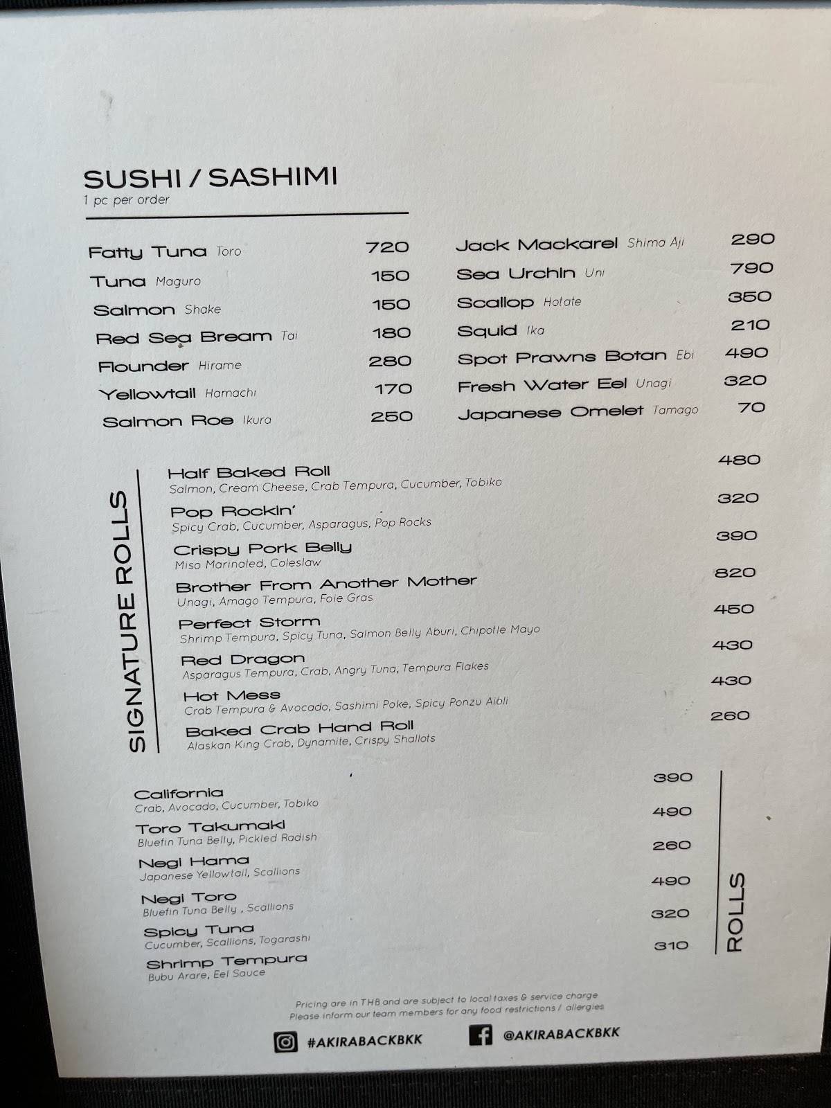 Menu at Akira Back restaurant, Bangkok