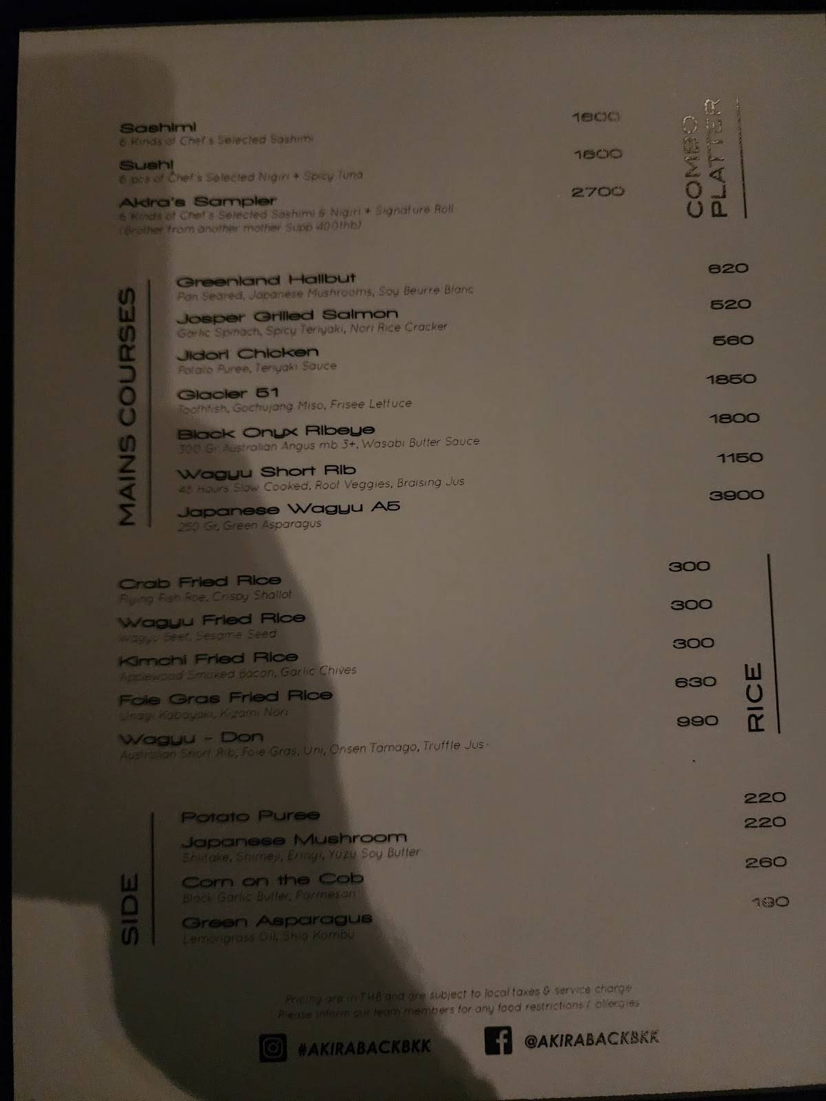 Menu at Akira Back restaurant, Bangkok