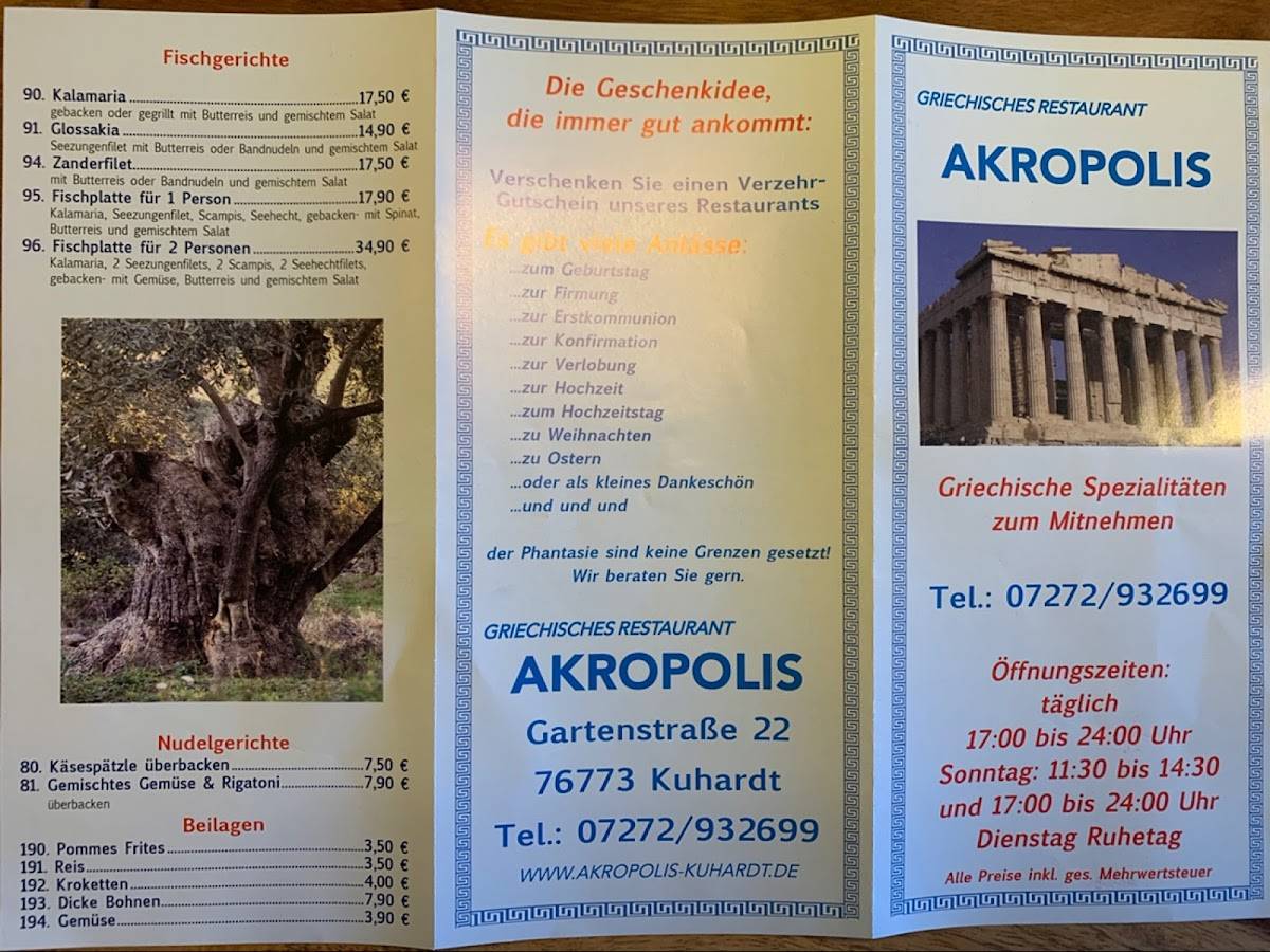 Speisekarte von Akropolis restaurant, Kuhardt