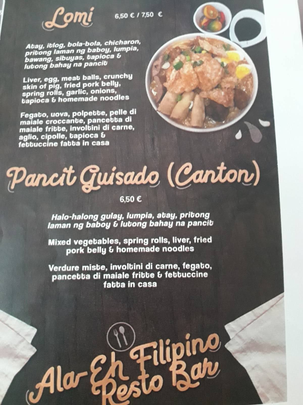 Menu da Ala-eh filipino resto-bar, Roma