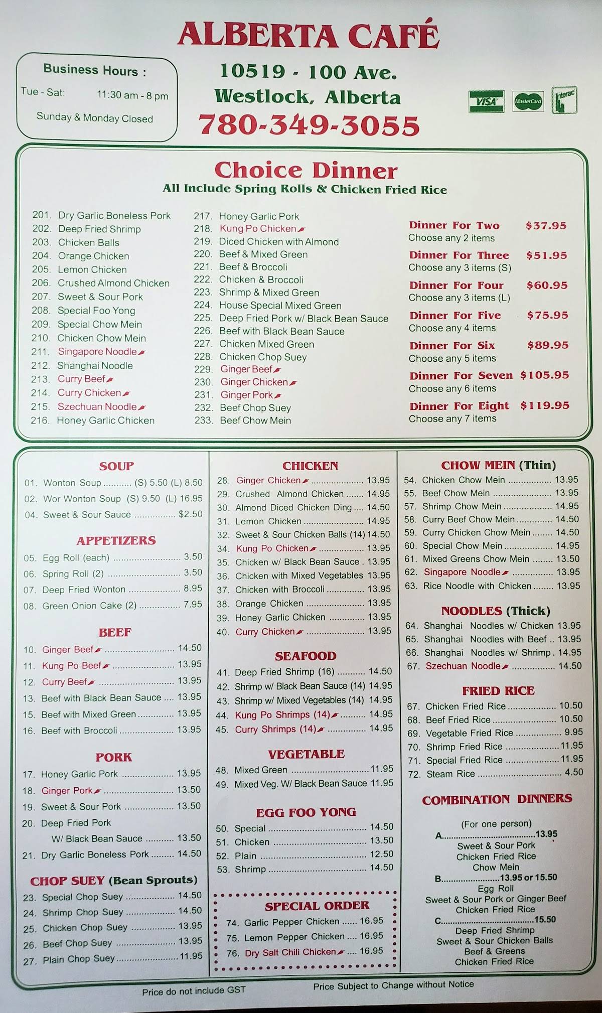 Menu at Alberta Cafe, Westlock