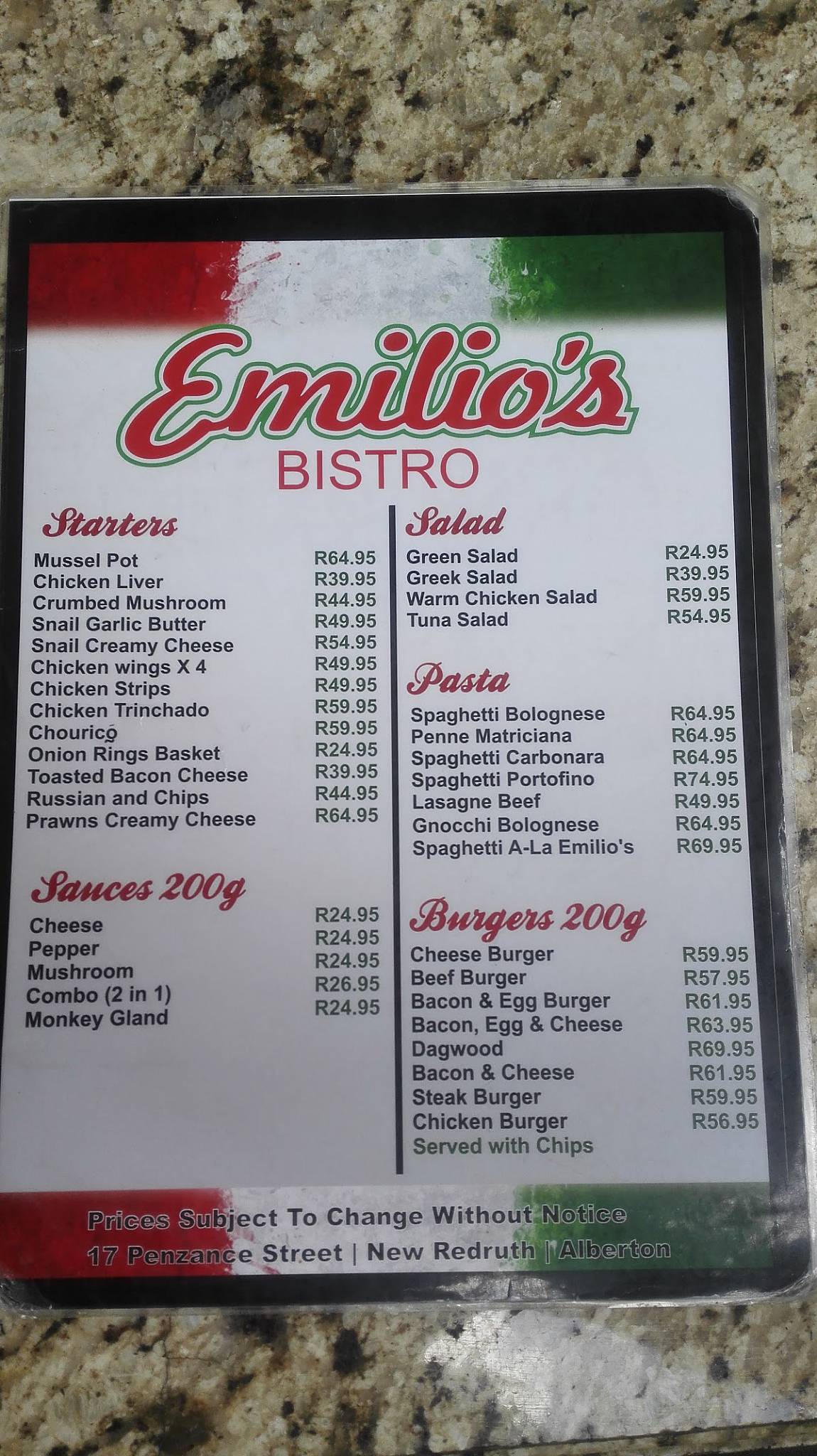 Menu at Emilios Bistro pub & bar, New Redruth
