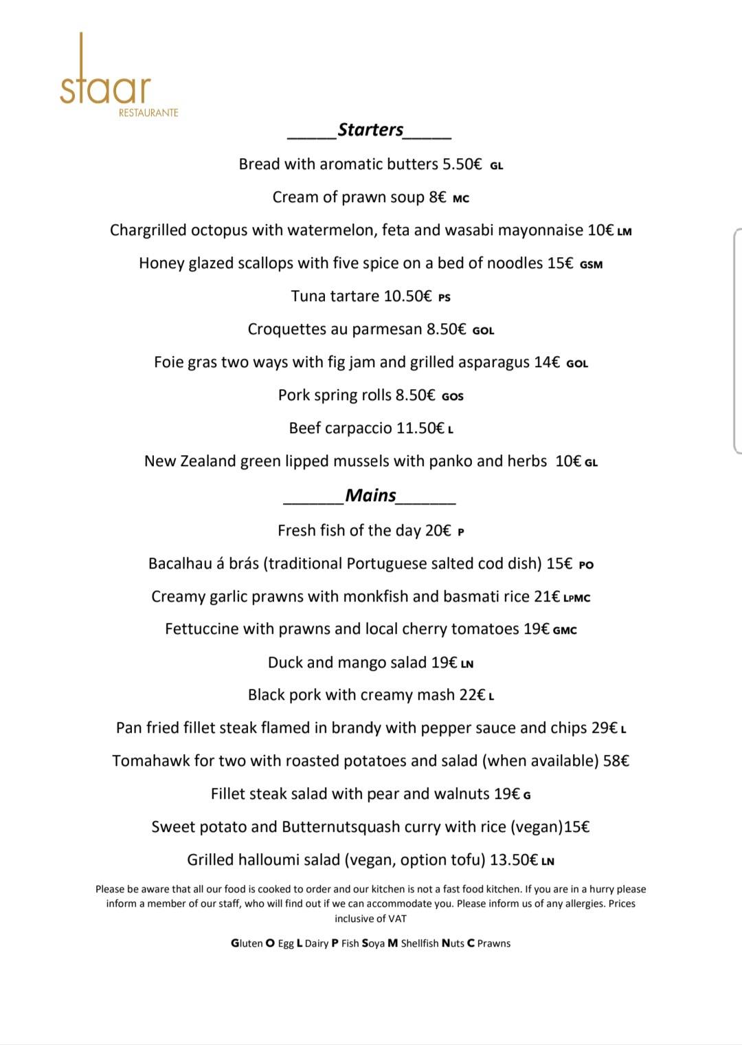 Menu at Staar Restaurante, Albufeira