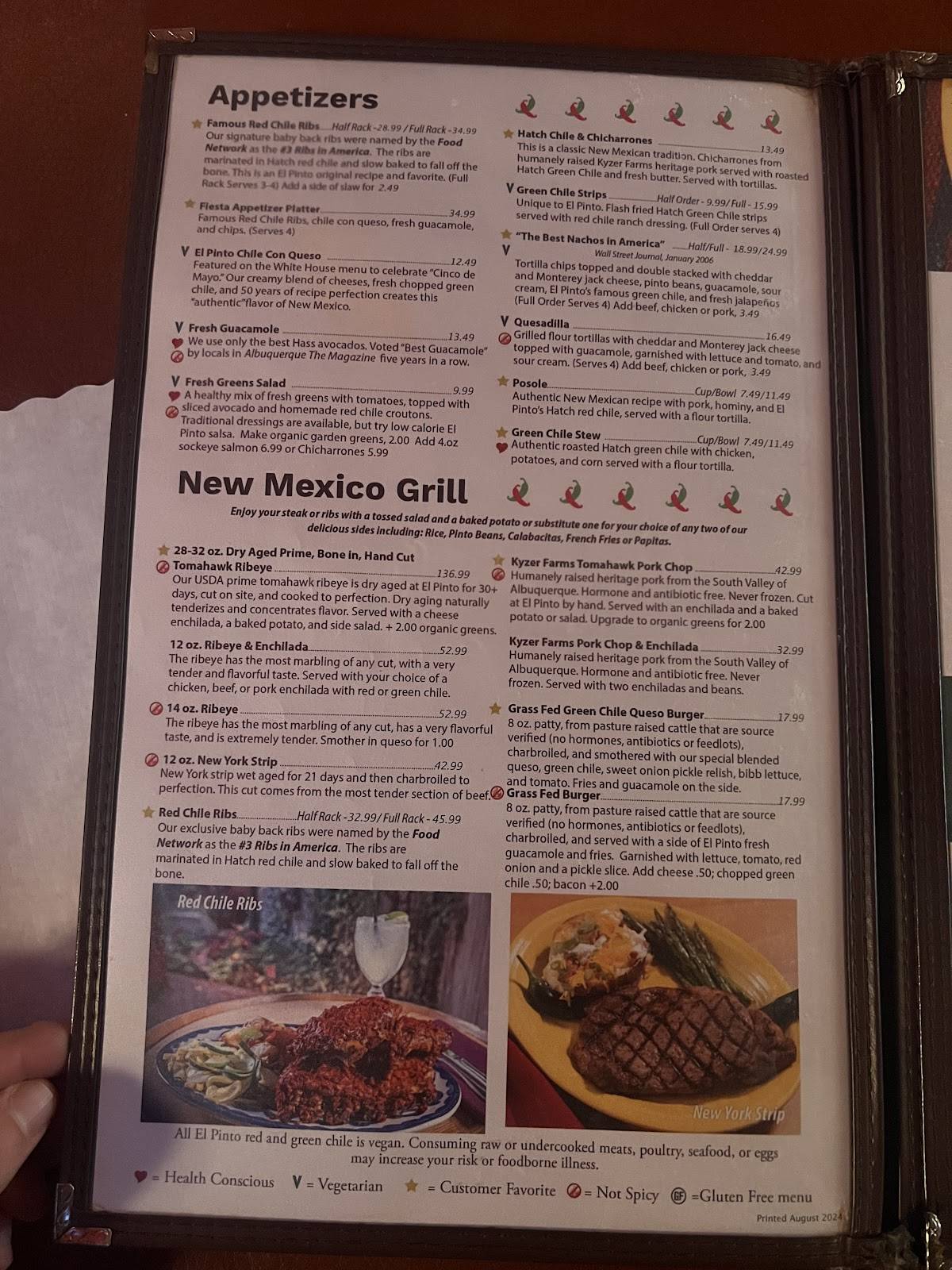 Menu at El Pinto Restaurant, Albuquerque, 4th St NW