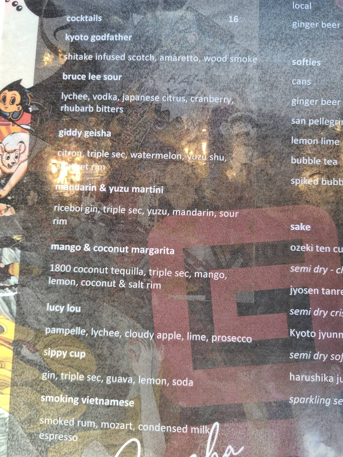 Menu at Giddy Geisha restaurant, Maroochydore