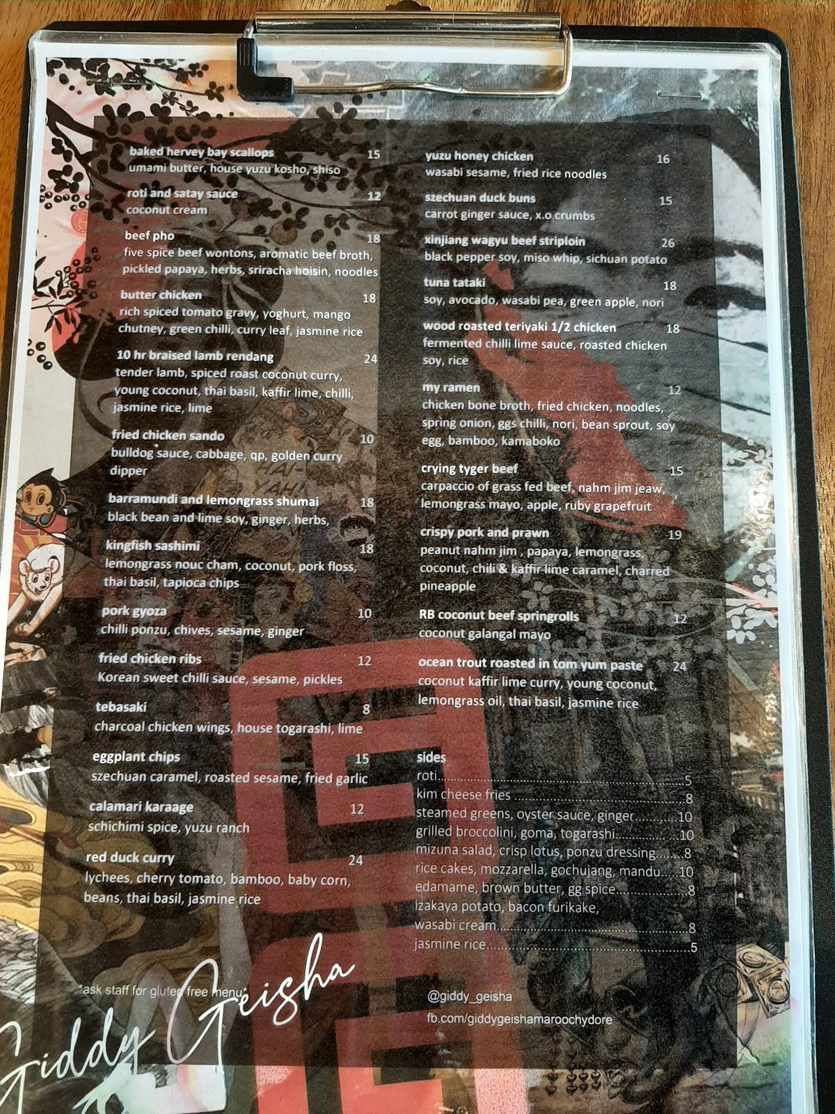 Menu at Giddy Geisha restaurant, Maroochydore