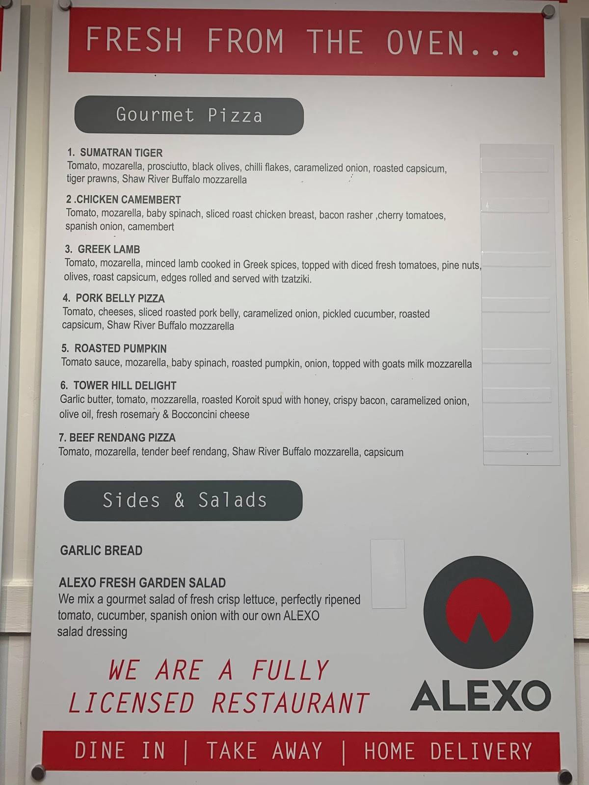 Menu at Alexo Pizza & Bistro pizzeria, Port Fairy