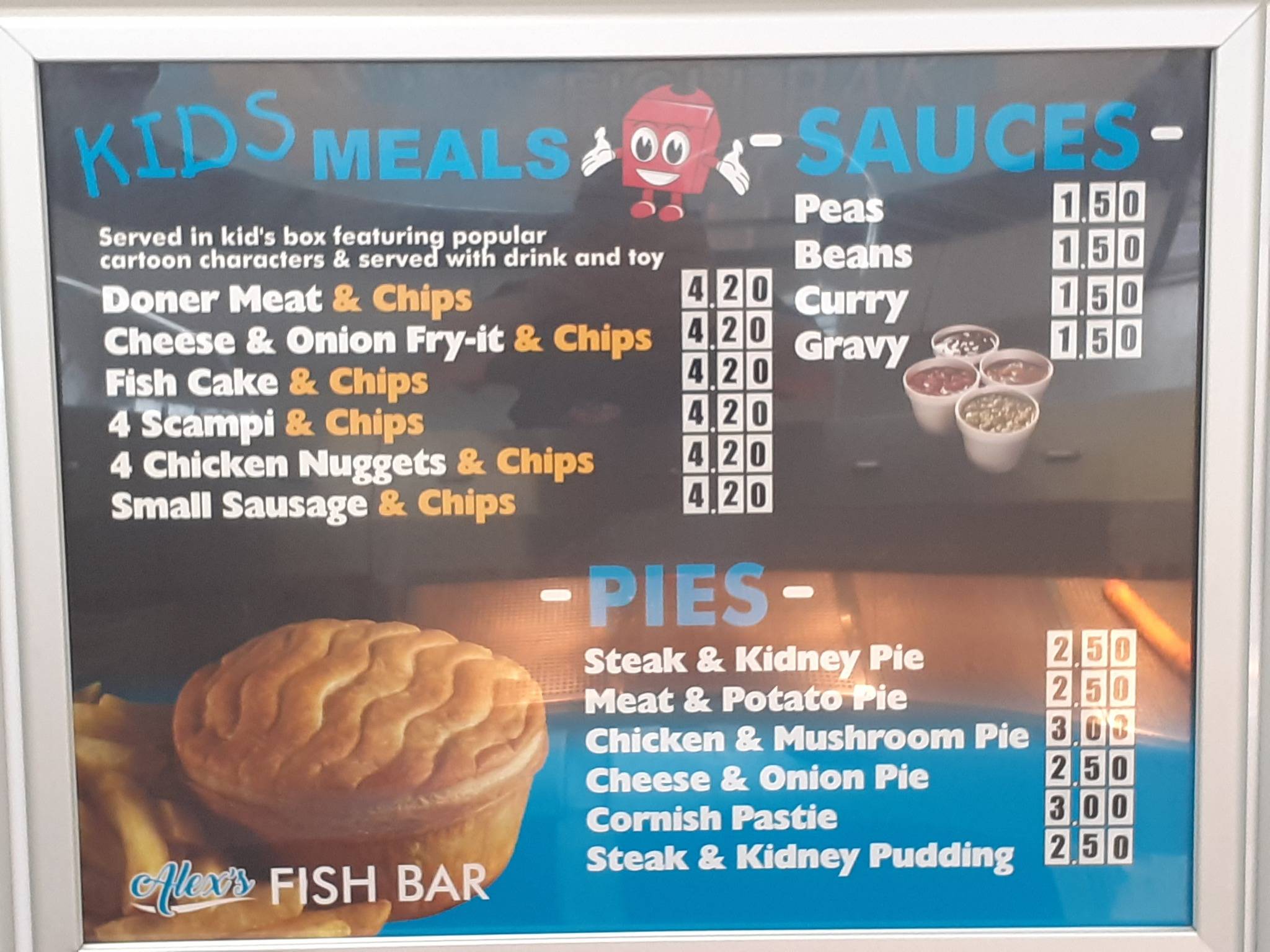 Menu at Alex's Fish Bar, Colwyn Bay