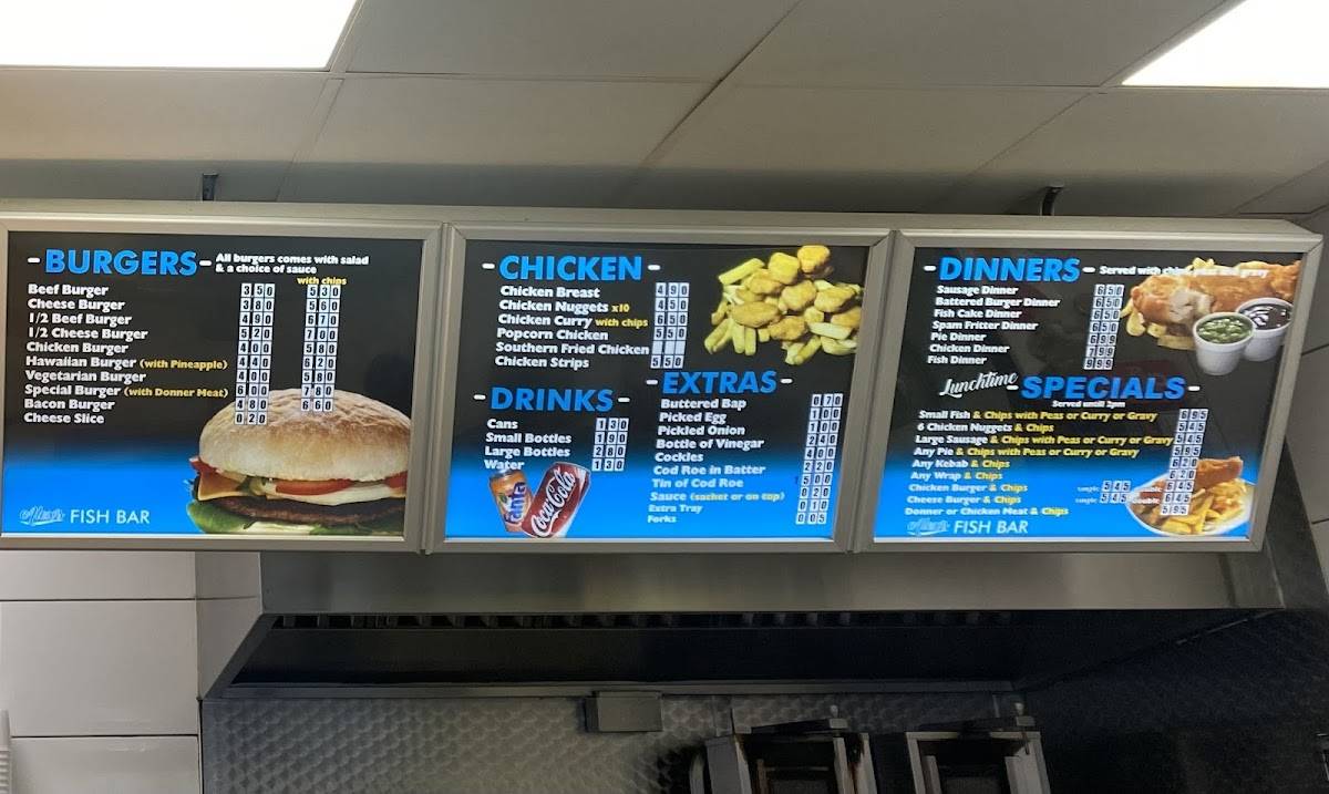 Menu at Alex's Fish Bar, Colwyn Bay