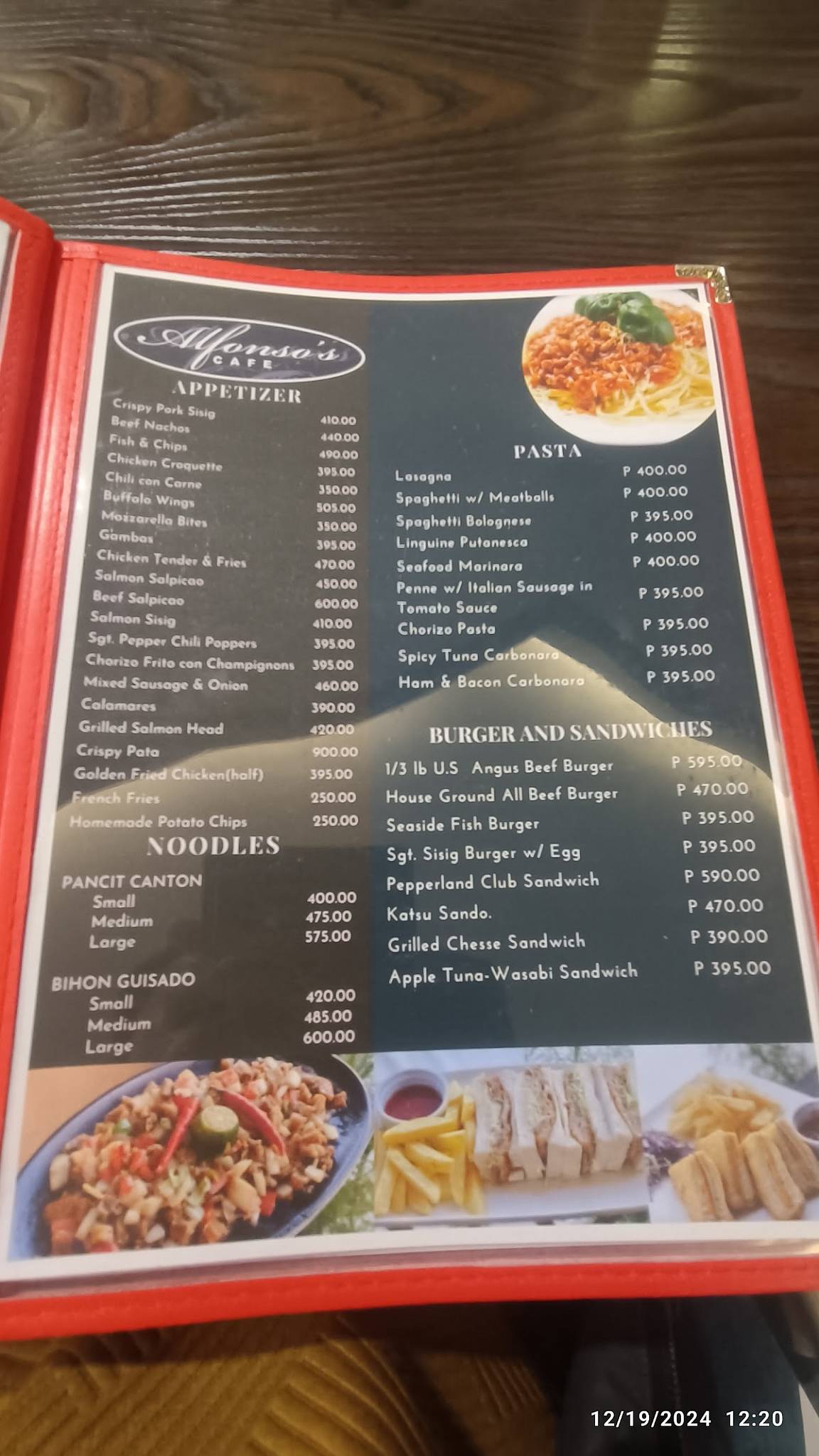 Menu at Alfonso's CAFE, Legazpi City