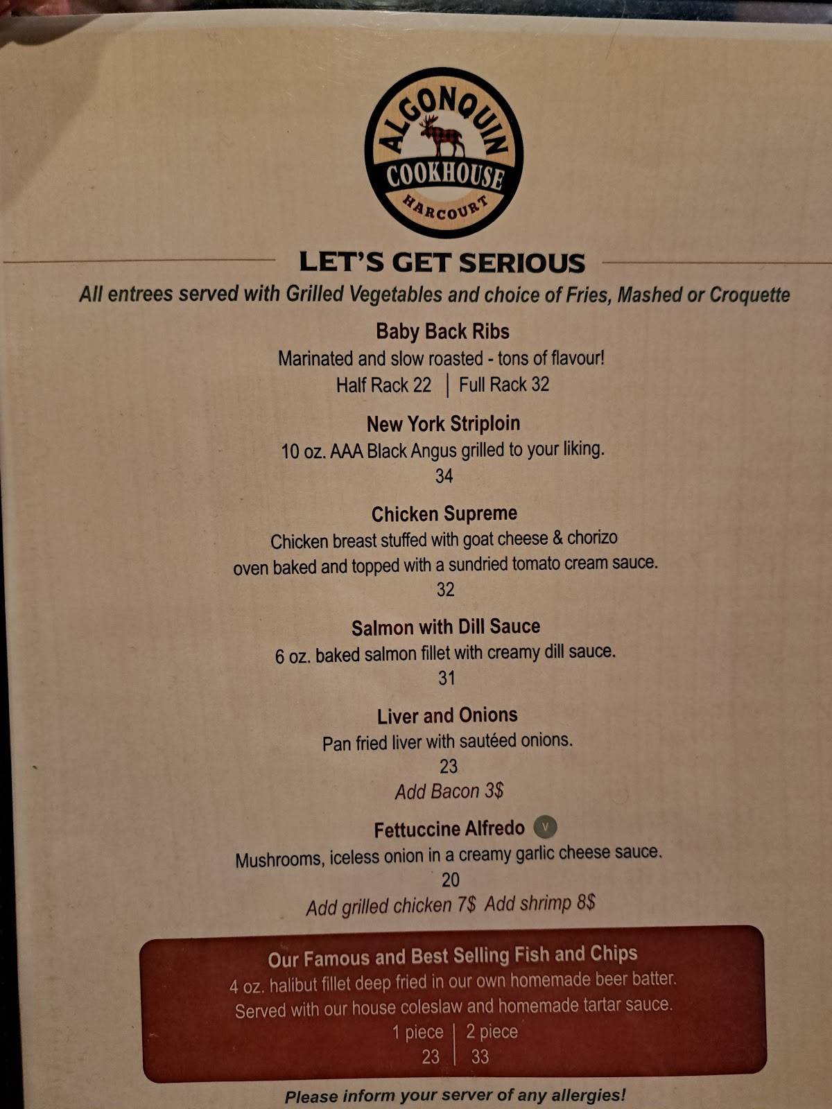 Menu at Algonquin Cookhouse restaurant, Harcourt