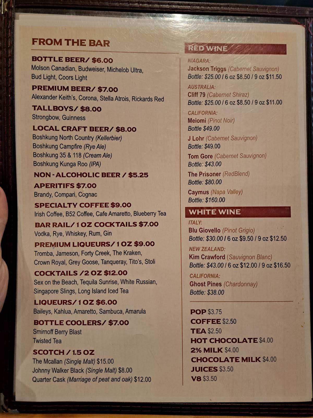 Menu at Algonquin Cookhouse restaurant, Harcourt