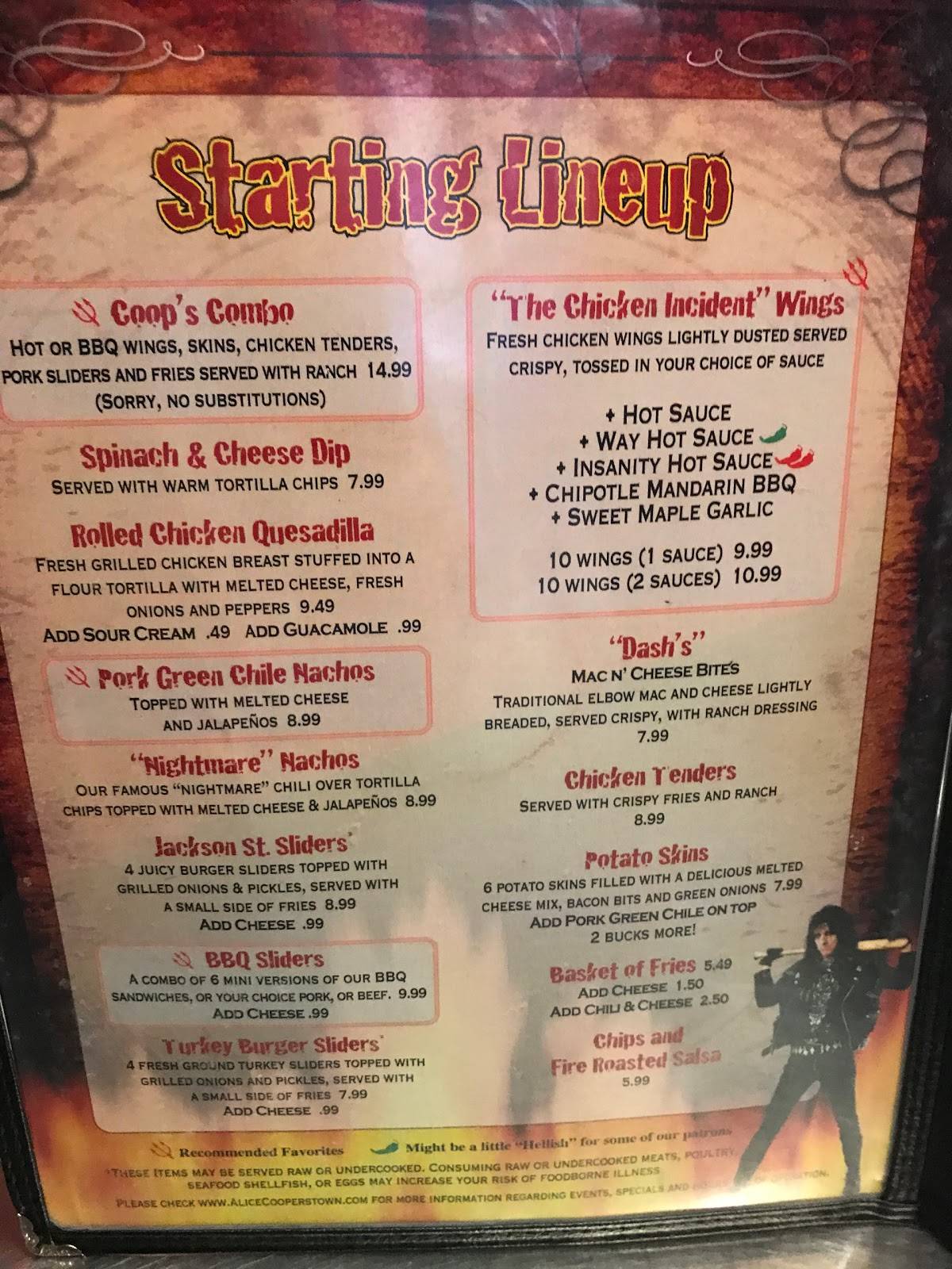 Menu at Alice Cooperstown pub & bar, Phoenix
