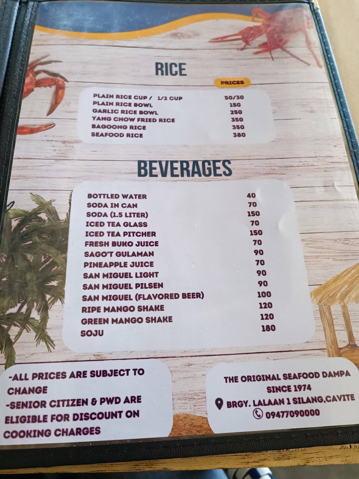 Menu at Aling Tonya's Seafood Palutuan restaurant, Silang