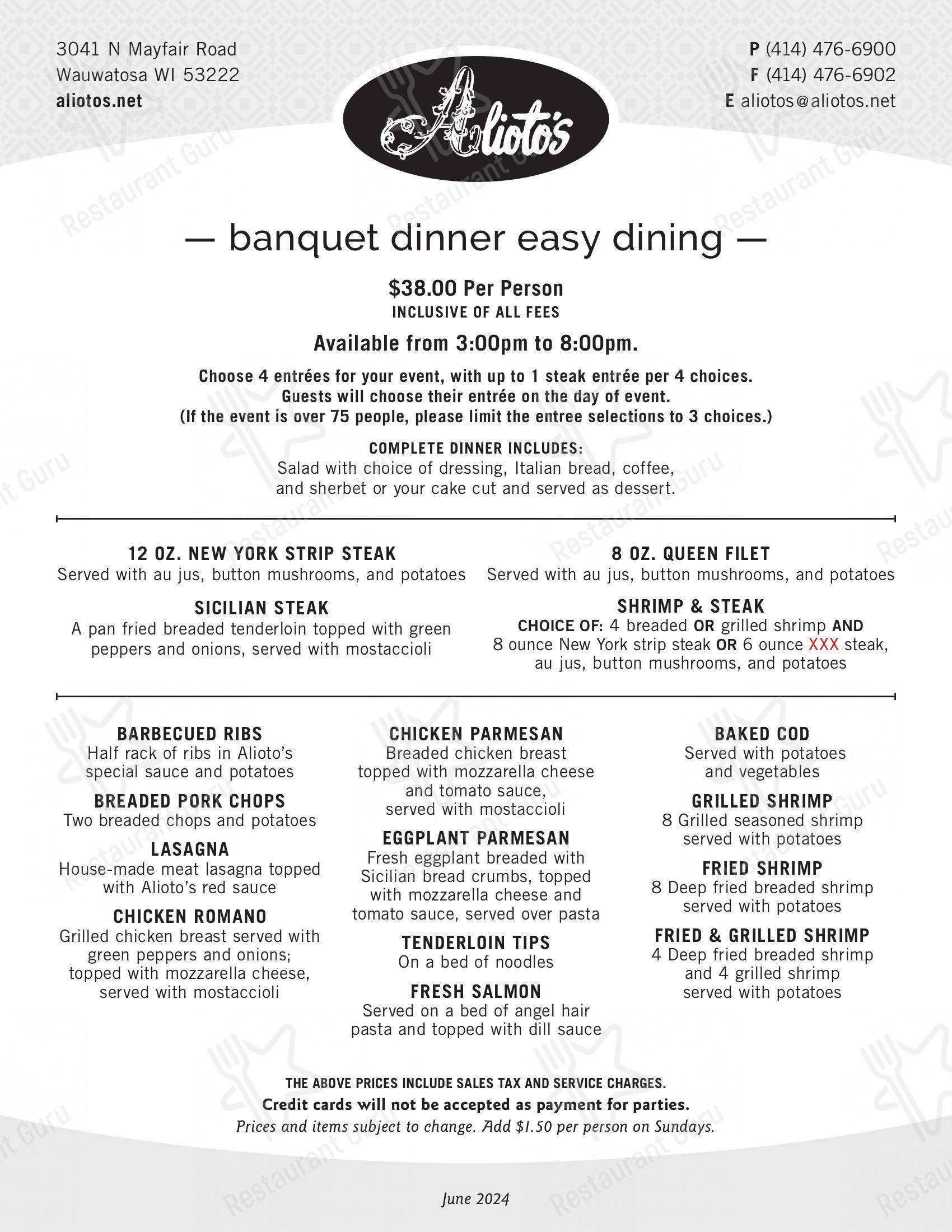 Menu at Alioto's restaurant, Wauwatosa, N Mayfair Rd