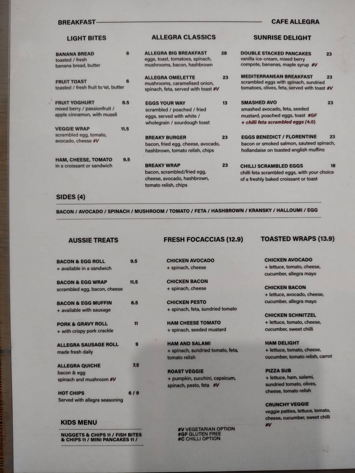 Menu at Allegra Cafe, Carrum Downs