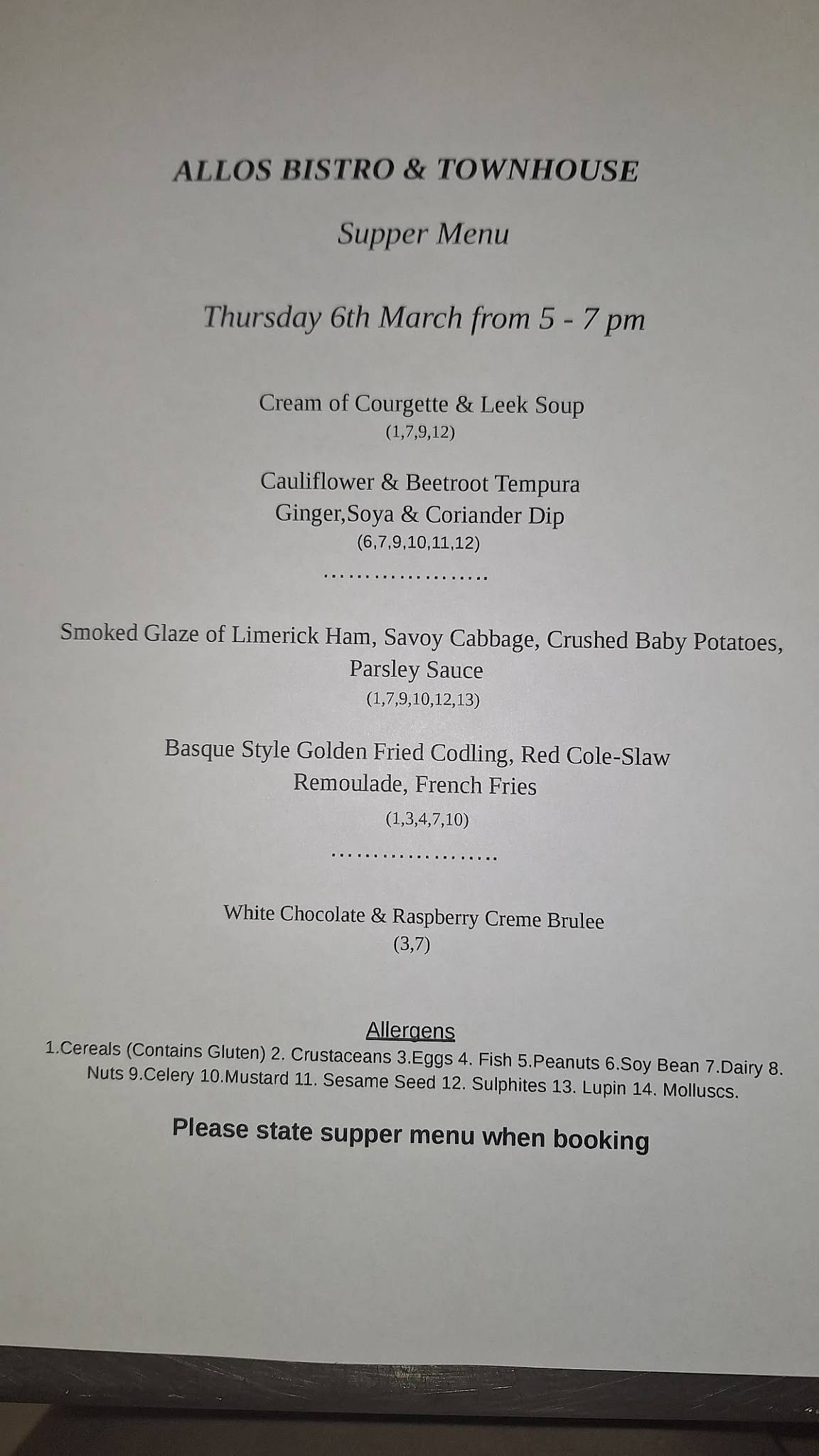 Menu at Allo's Restaurant, Bar and Bistro, Listowel