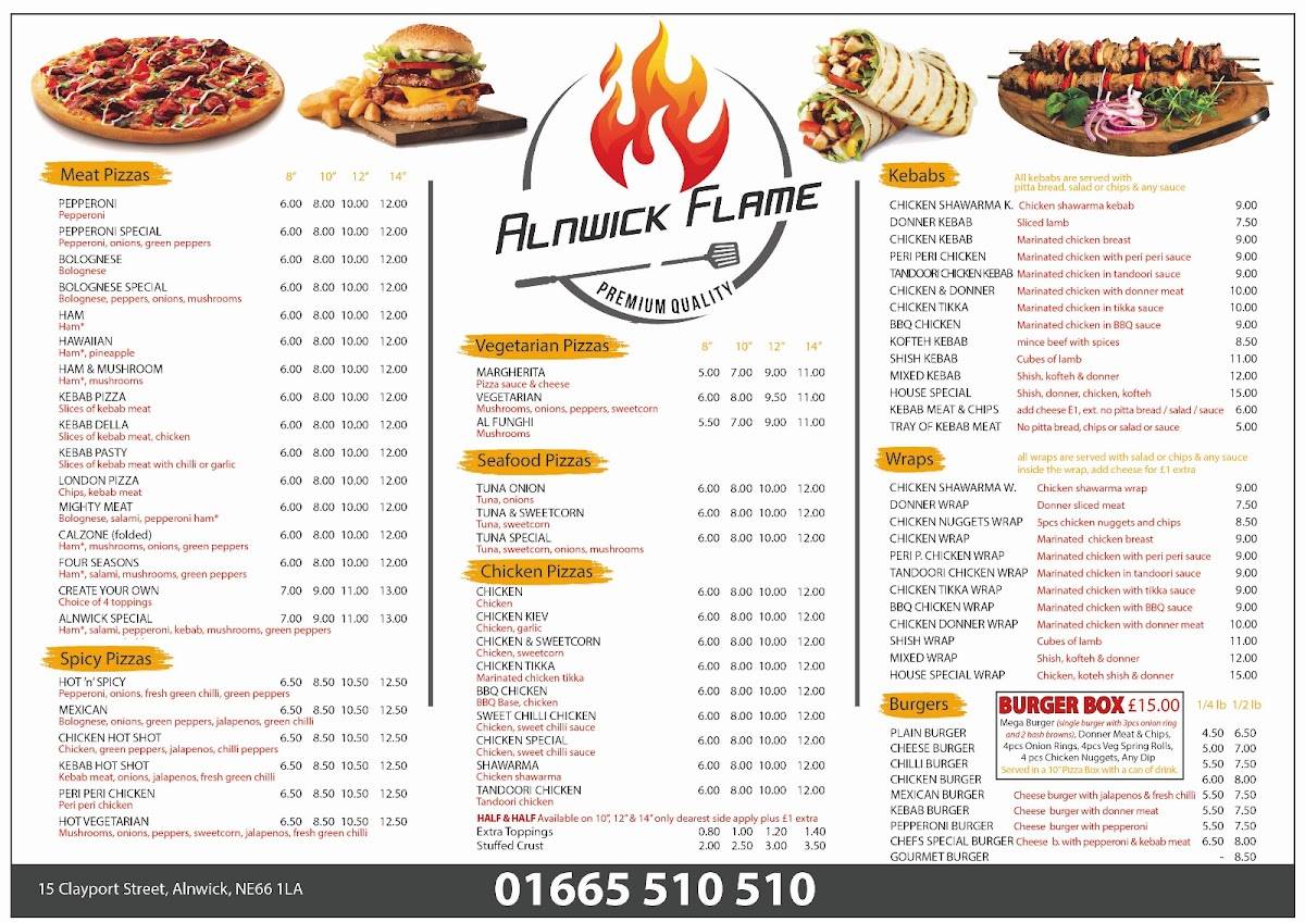 Carta de pizzería Alnwick Flame, Alnwick