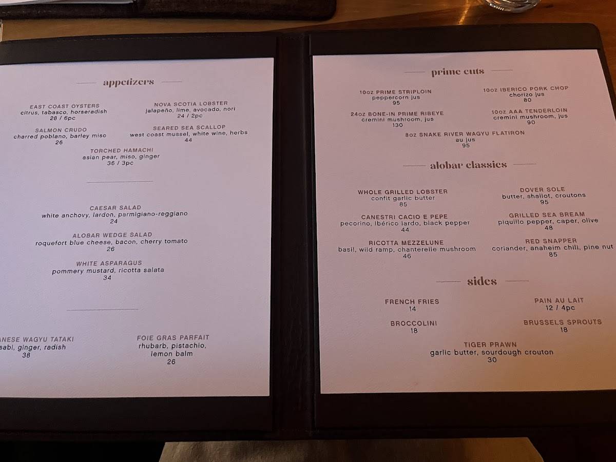 Menu at Alobar Yorkville, Toronto, 162 Cumberland St