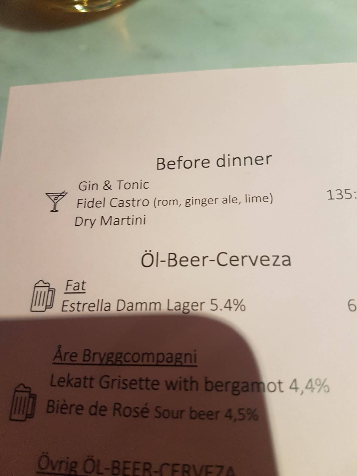 Menu at Aloë restaurant, Stockholm, Svartlösavägen 52